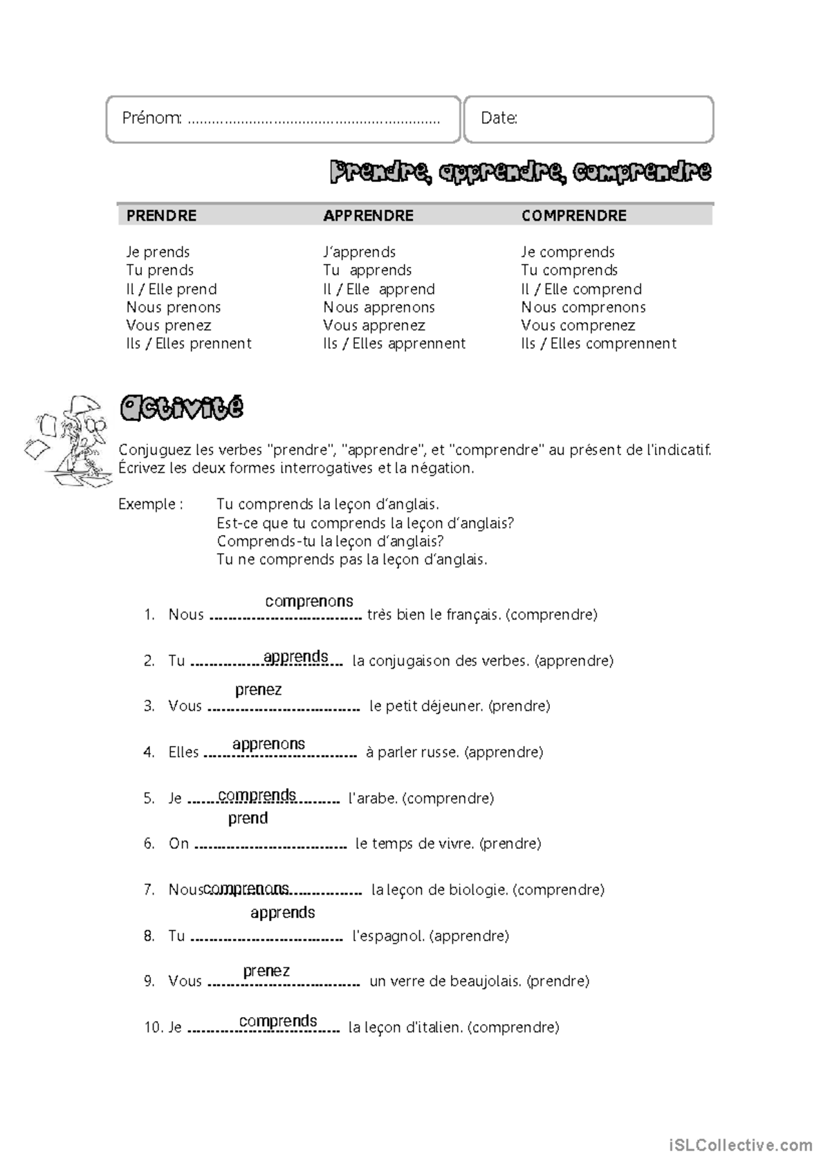 Prendre apprendre comprendre - Conjuguez les verbes "prendre ...