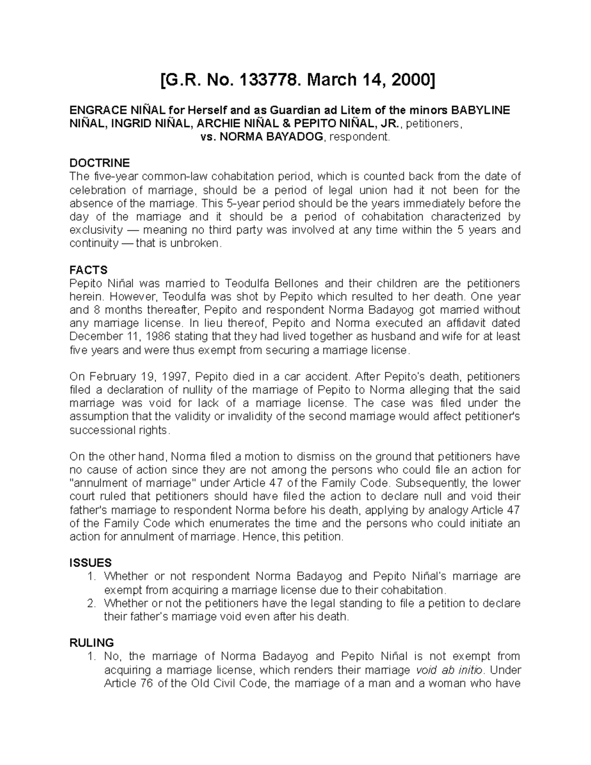 Niñal v. Bayadog Case Digest - [G. No. 133778. March 14, 2000] ENGRACE ...