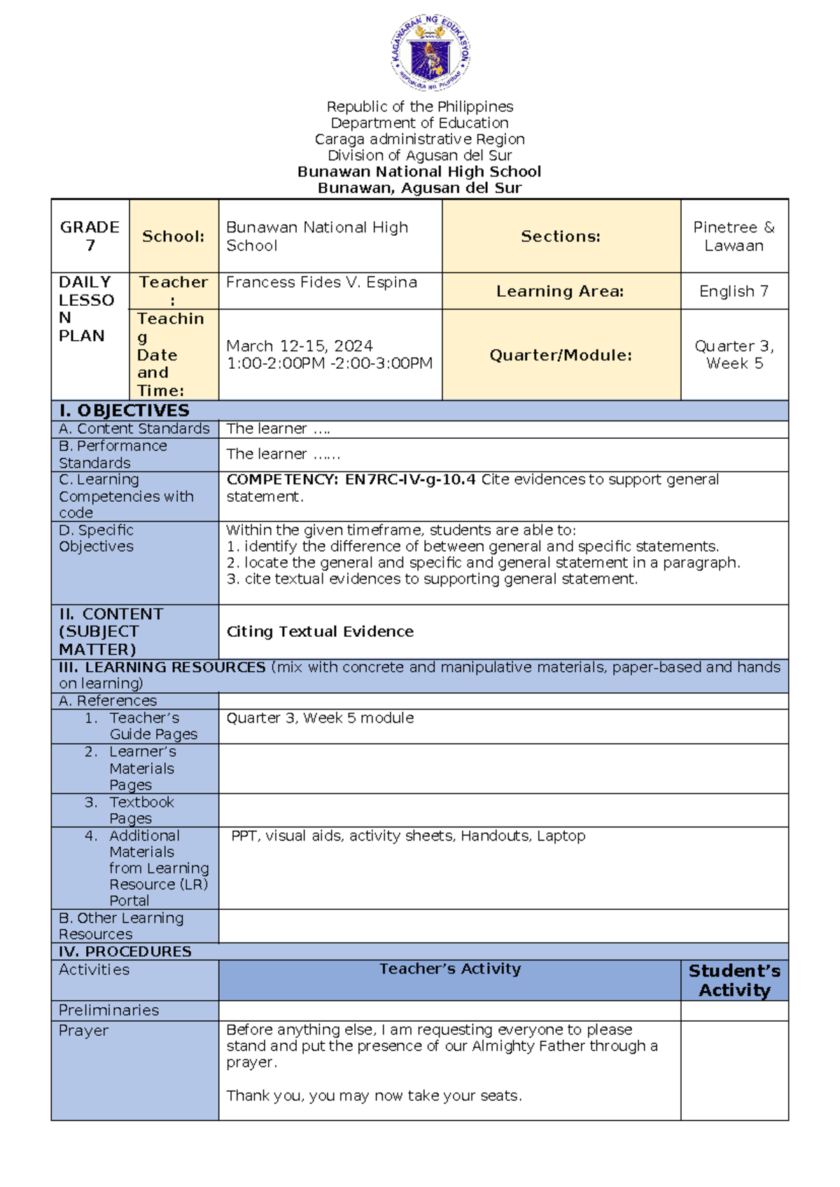 Quarter 3 - WEEK 5 Daily Lesson PLAN IN English - Copy - Copy ...