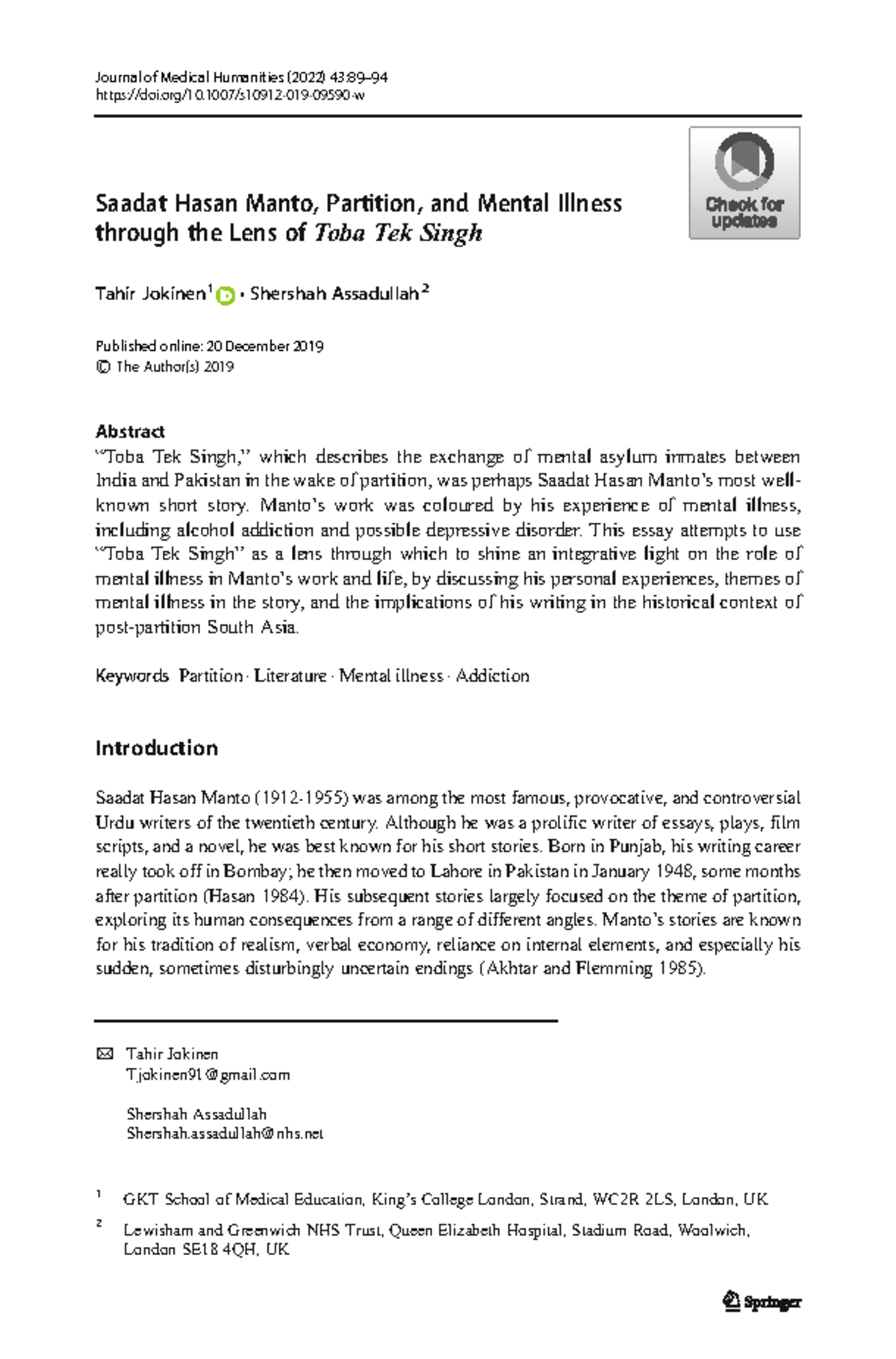 S10912 019 09590 w - Very helpful - Saadat Hasan Manto, Partition, and Mental Illness through ...