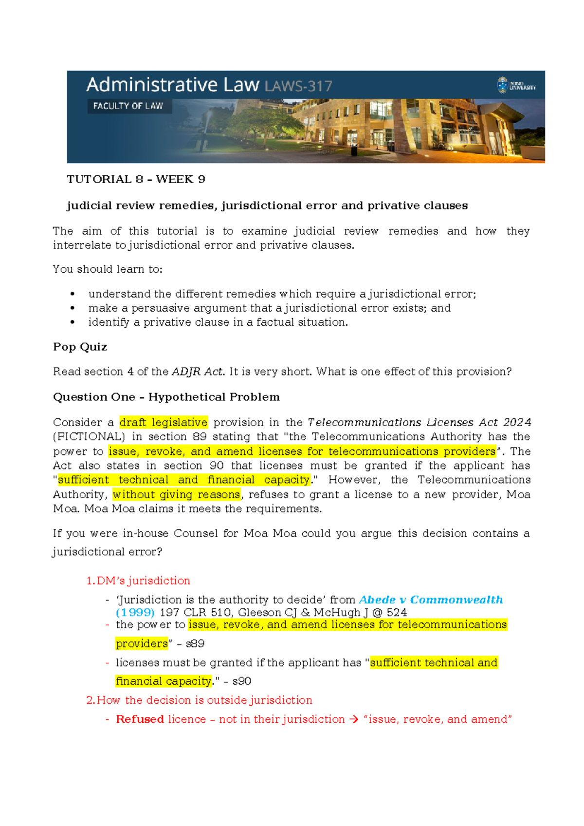 Week 9 Tutorial 7 - TUTORIAL 8 – WEEK 9 judicial review remedies, jurisdictional error and ...