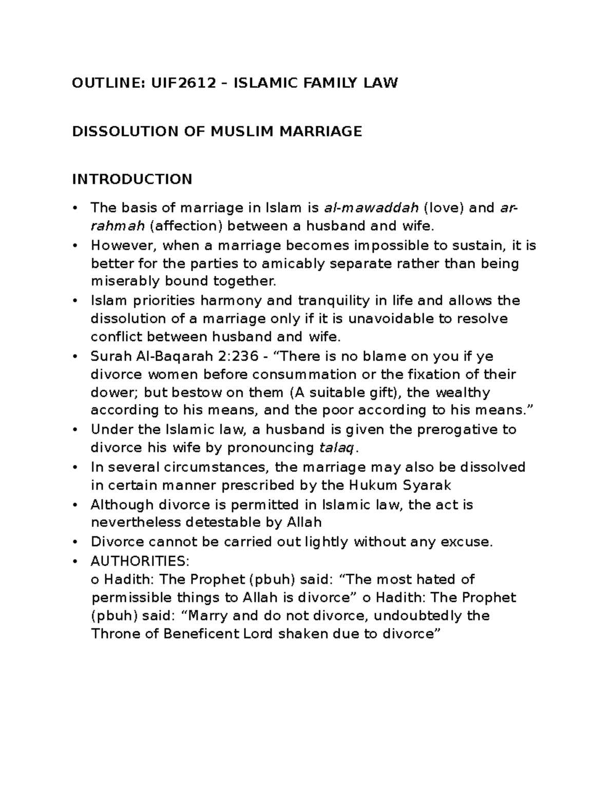 Chapter 3-Dissolution of marriage - OUTLINE: UIF2612 – ISLAMIC FAMILY LAW DISSOLUTION OF MUSLIM ...