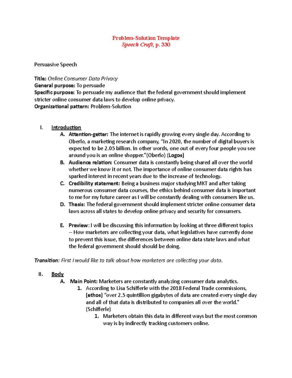 Persuasive SP - Grade: A - Problem-Solution Template Speech Craft , p ...