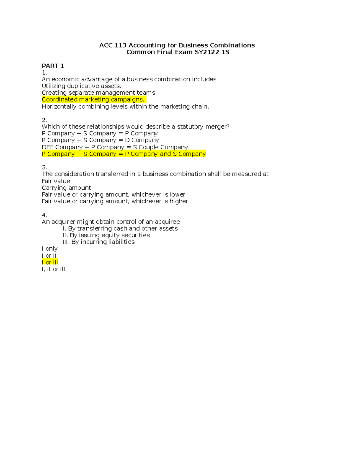 ACC 113 CFE with answer - BUSCOM CFE - ACC 113 Accounting for Business Combinations Common Final ...