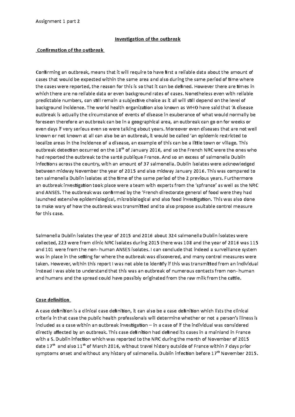 Investigation of the outbreak part 2 - Assignment 1 part 2 ...