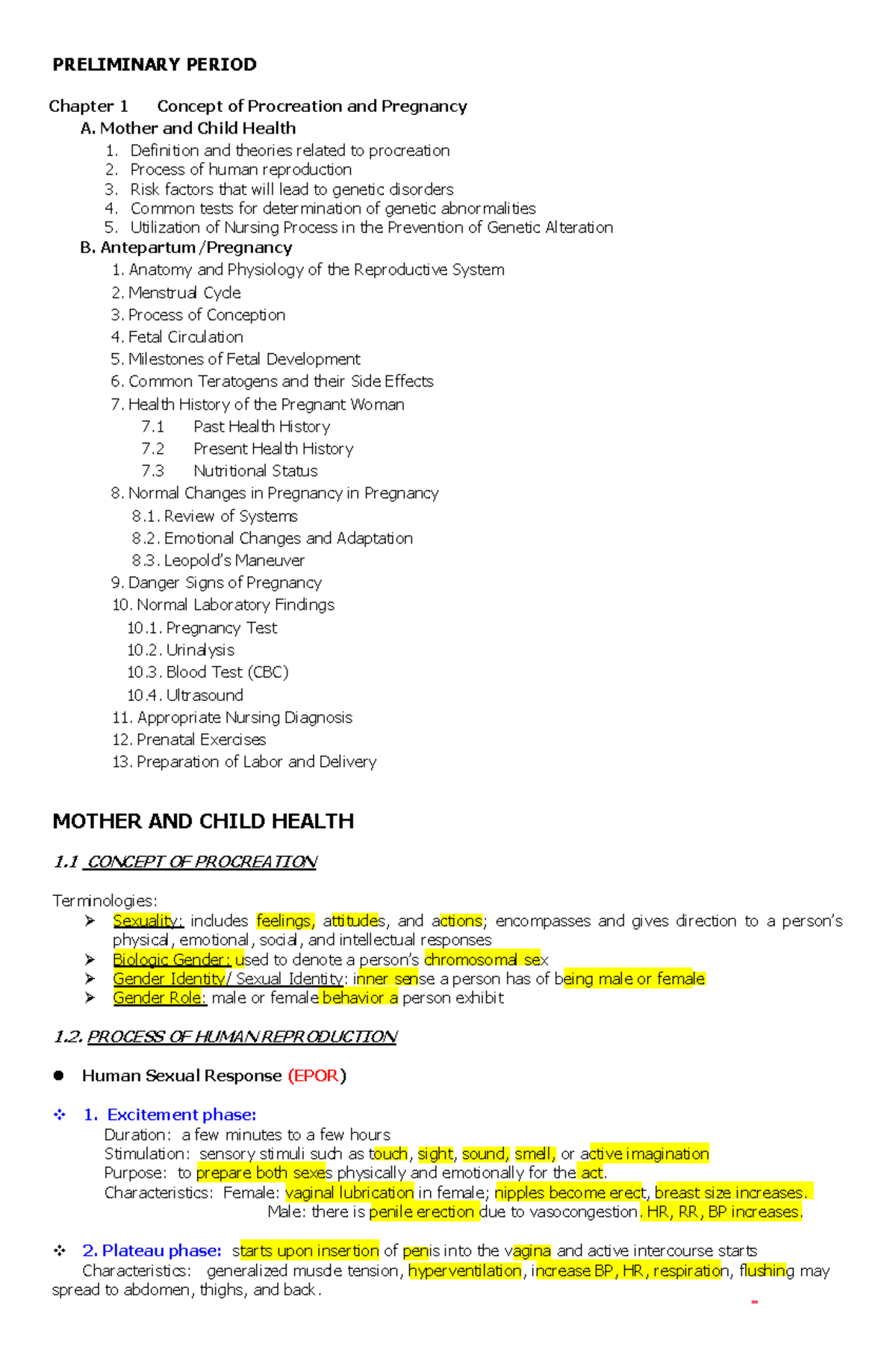 Maternal-Prelim - urug mun - PRELIMINARY PERIOD Chapter 1 Concept of Procreation and Pregnancy A ...