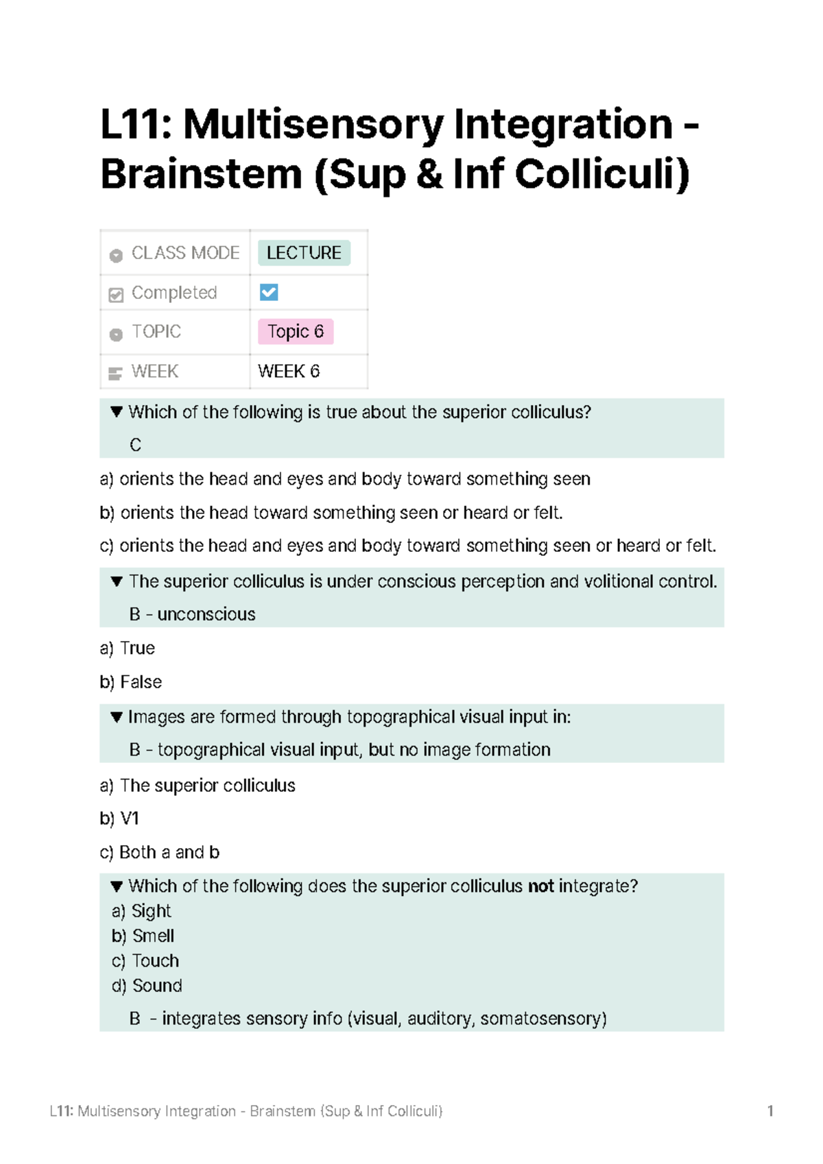L11 Multisensory Integration - Brainstem (Sup Inf Colliculi) - L11 ...