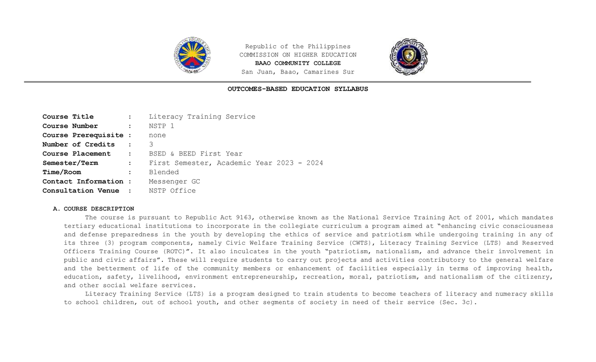 LTS-1-Syllabus - Syllables for NSTP subject - Republic of the ...