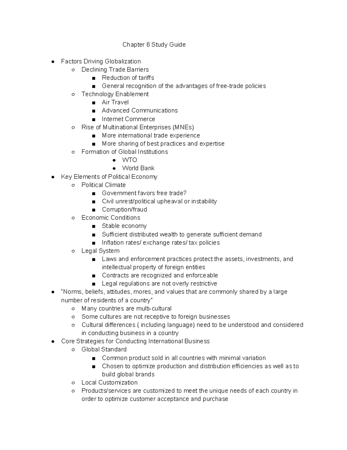 Chapter 6 Study Guide - Chapter 6 Study Guide Factors Driving Globalization Declining Trade ...