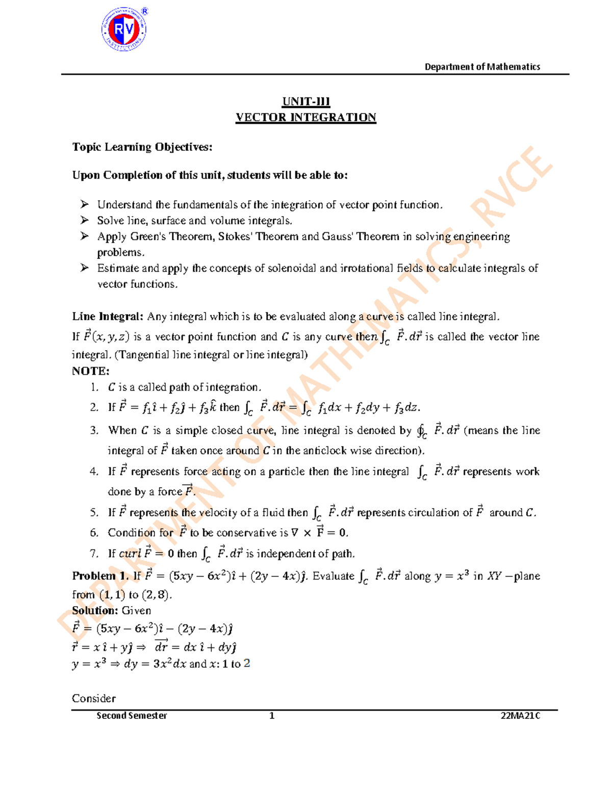 Vector Integration - UNIT-III VECTOR INTEGRATION Topic Learning Objectives: Upon Completion of ...