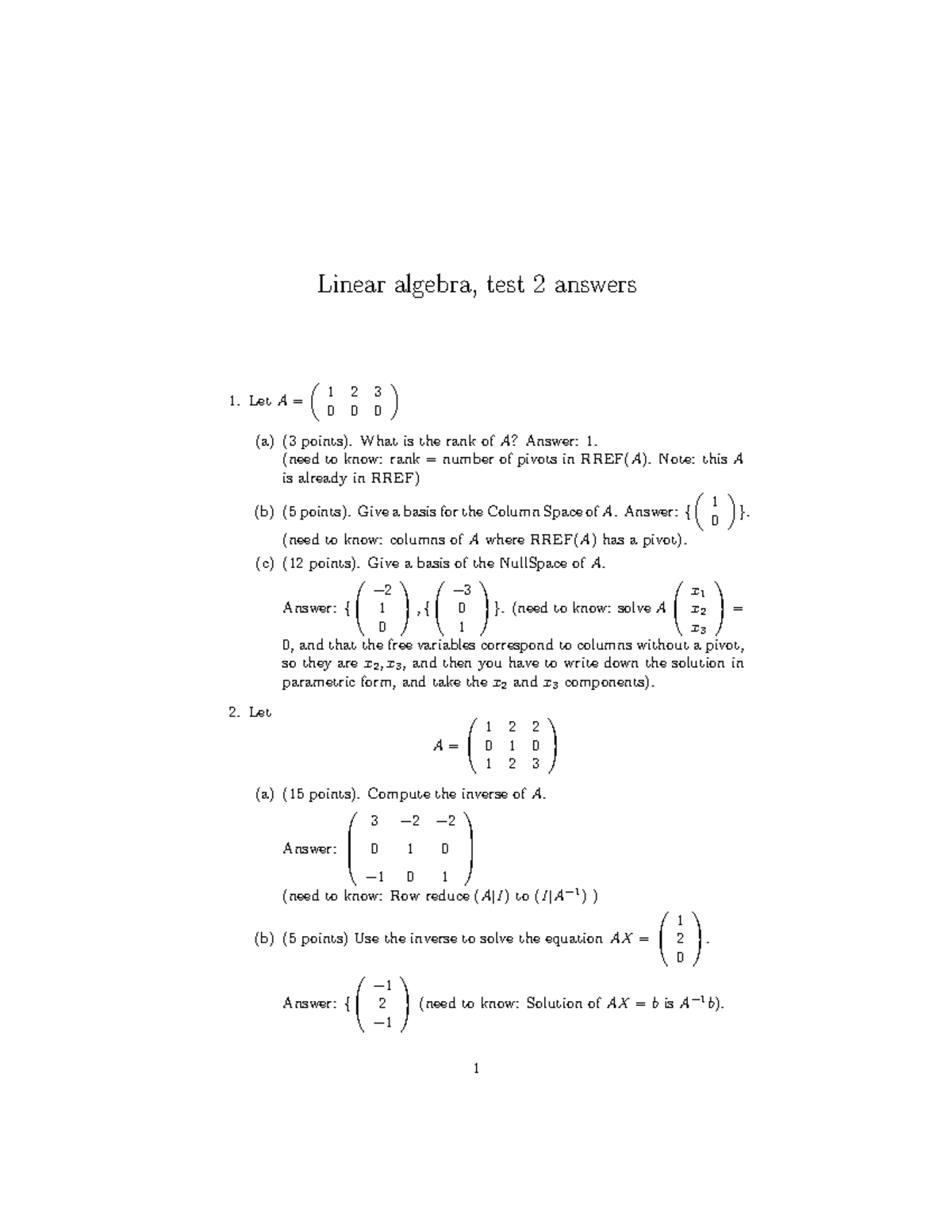 Test2 ANS - Teste exercício - Linear algebra, test 2 answers LetA= ( 1 ...