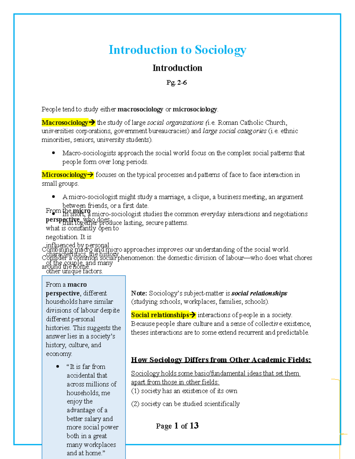 Sociology Ch 1 Note - note - Introduction to Sociology Introduction Pg ...