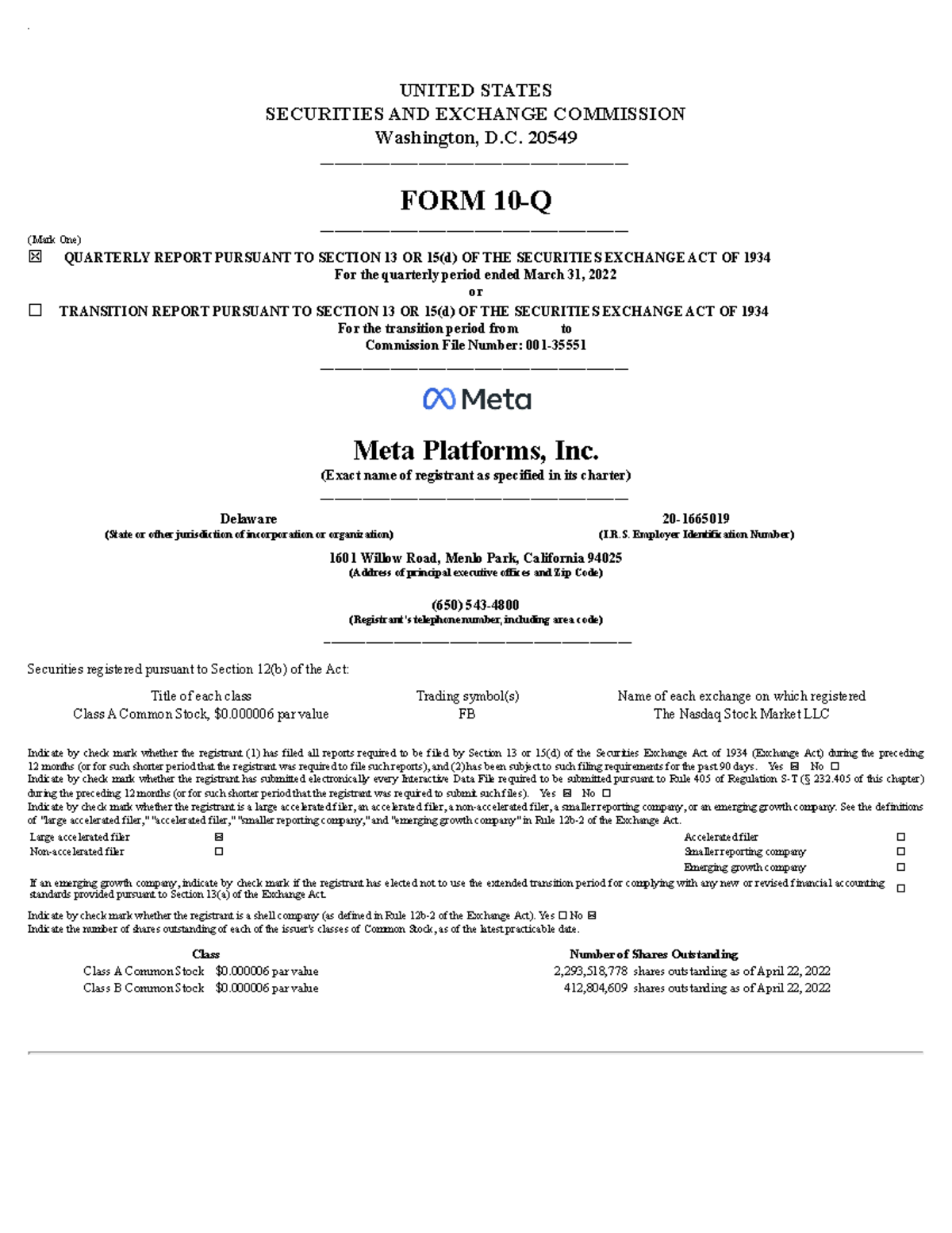 META 10Q Q1 2022 - Assignment for ECV 2022 Valuation files - UNITED ...