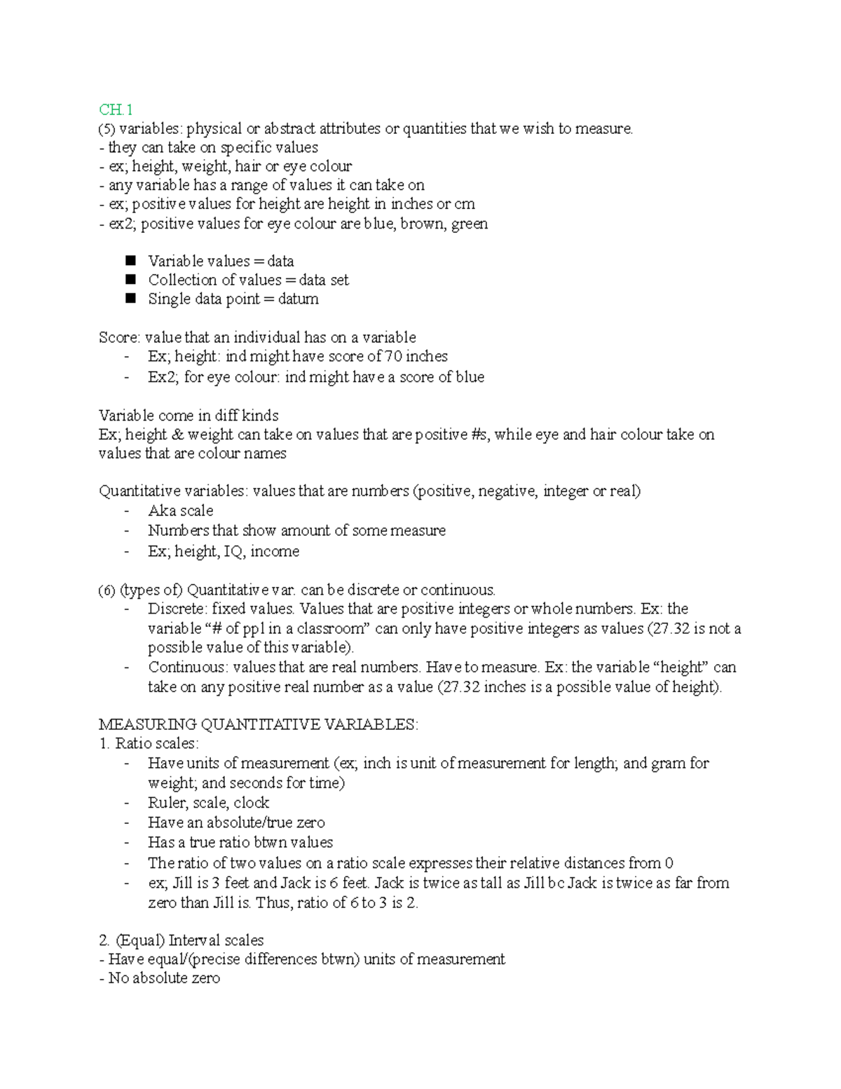 CH1 - Statistics CHAPTER 1 NOTES - CH. (5) variables: physical or ...