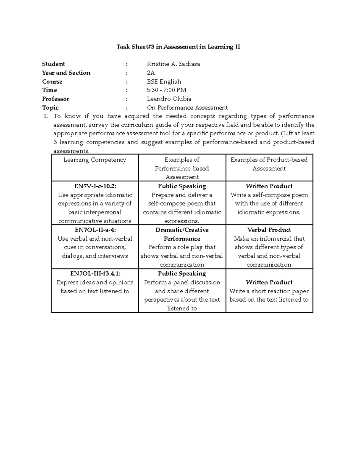 TASK Sheet #3 - ASSIGNMENT - Task Sheet#3 in Assessment in Learning II ...