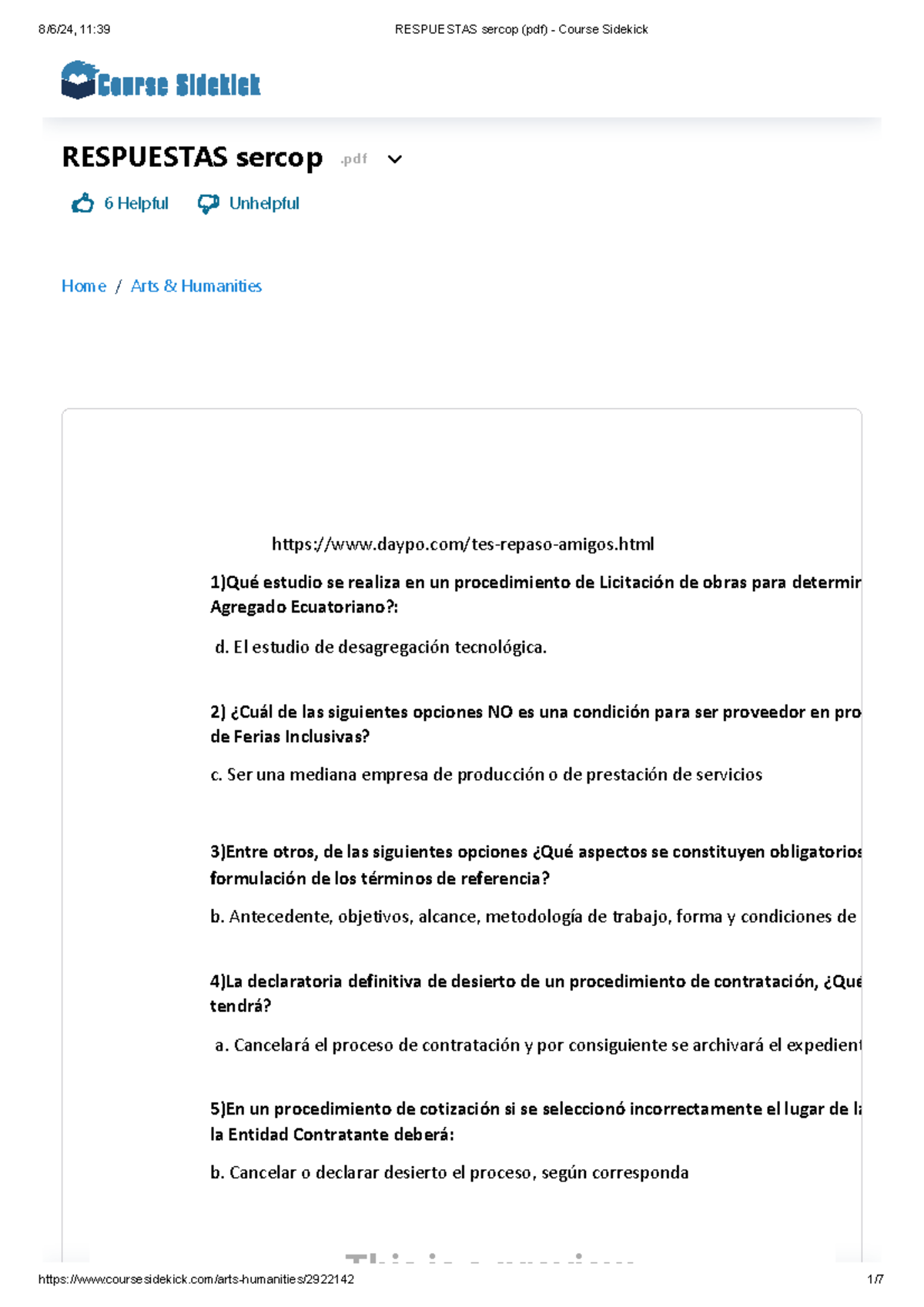 Respuestas sercop (pdf) - Course Sidekick - RESPUESTAS sercop .pdf 6 Helpful Unhelpful Home ...