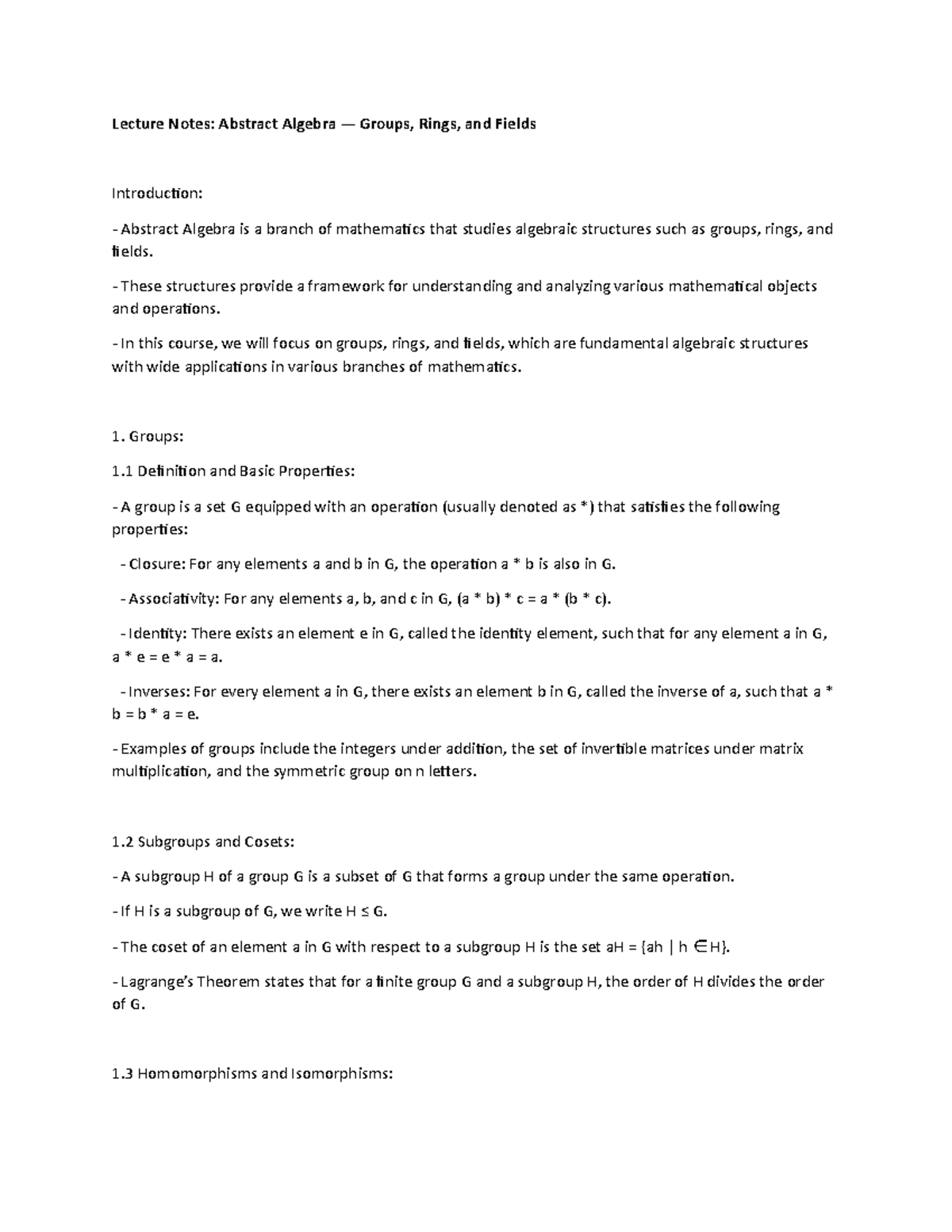 Lecture Notes: Abstract Algebra — Groups, Rings, and Fields - These ...