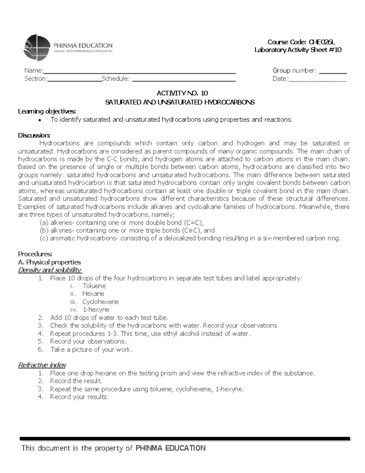 CHE 026L LAS 10- Saturated and Unsaturated hydrocarbons - Laboratory ...