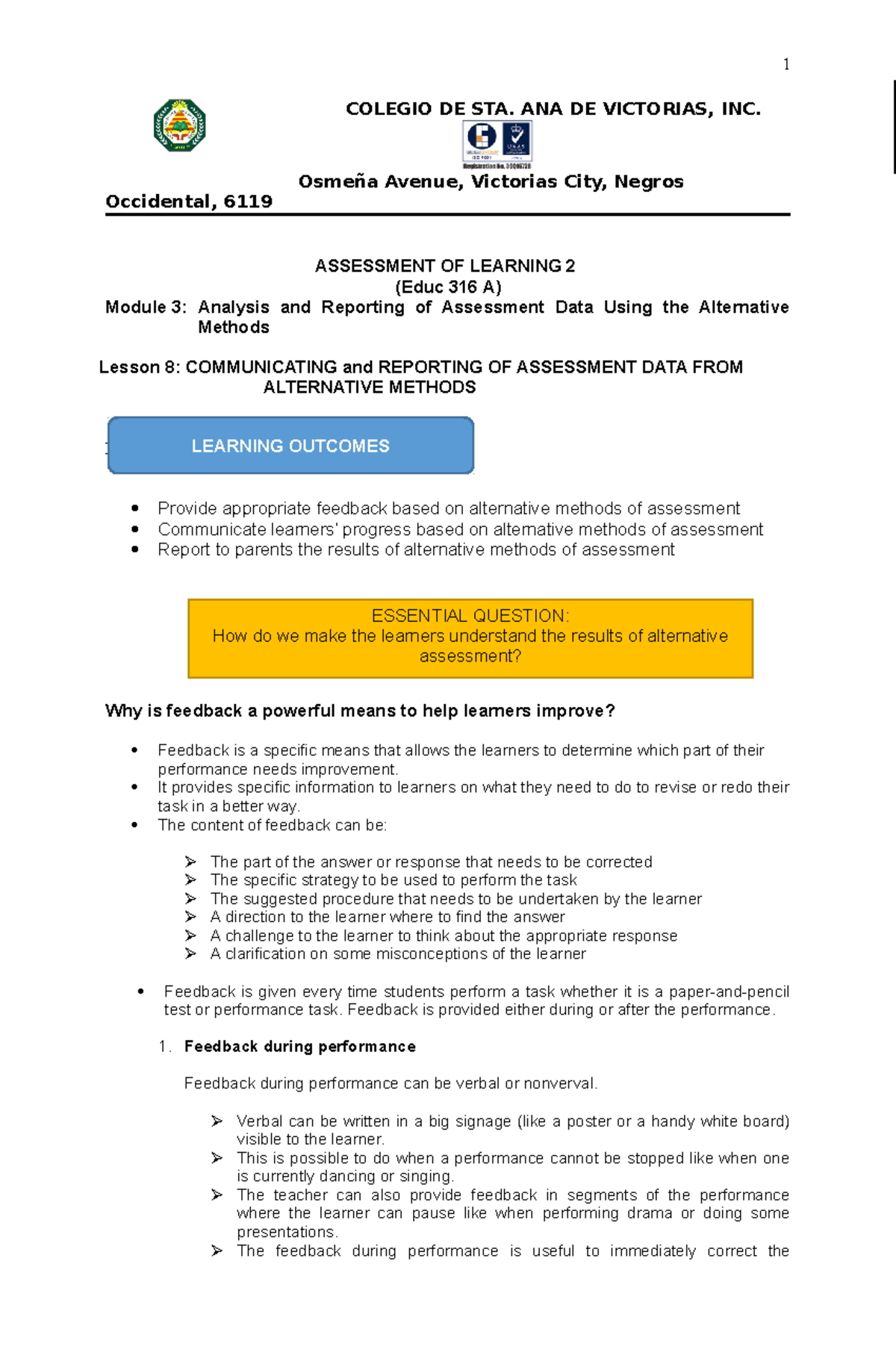Lesson 8 Communicating and Reporting of Assessment Data - COLEGIO DE ...