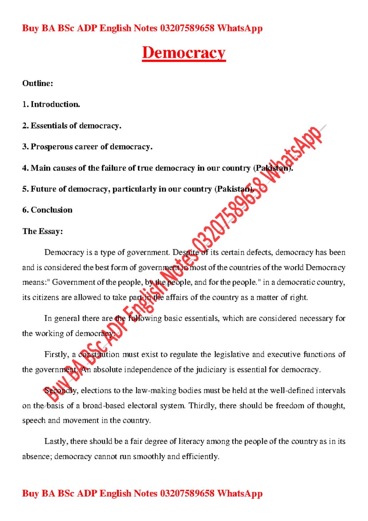 BA ADA Part 2 English Essays Notes - Democracy Outline: 1. Introduction ...