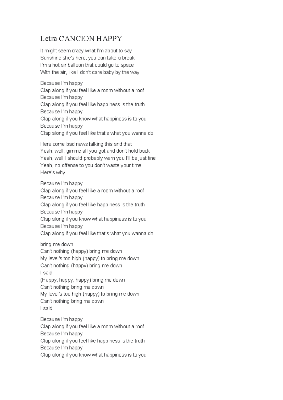 Letra Cancion HAPPY para aprender en ingles - Letra CANCION HAPPY It ...