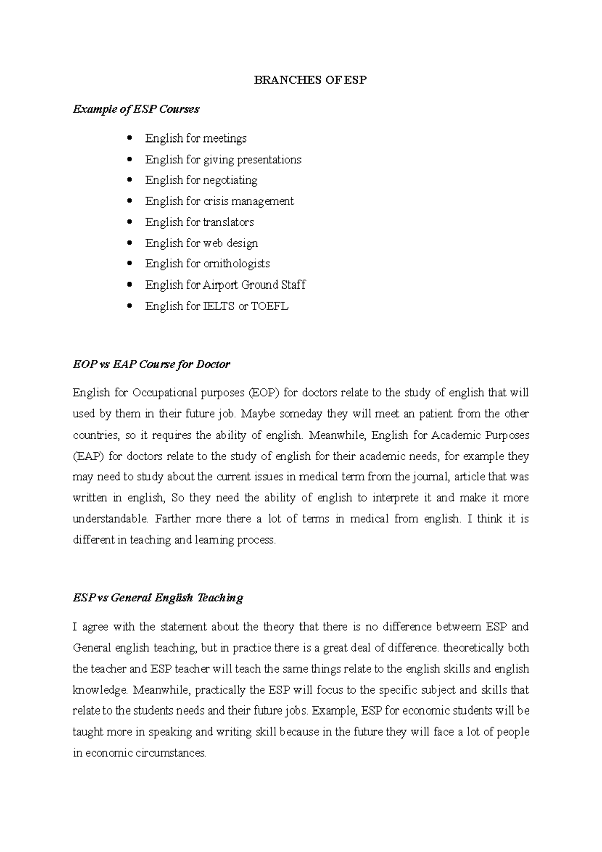 Branches of ESP - BRANCHES OF ESP Example of ESP Courses English for ...