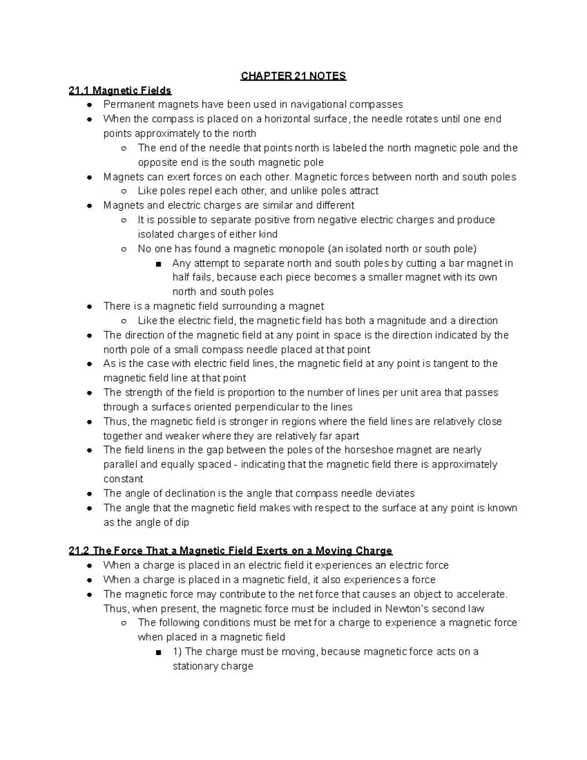 Physics 154 Midterm 2 Notes Chapter 21 - CHAPTER 21 NOTES 21 Magnetic ...