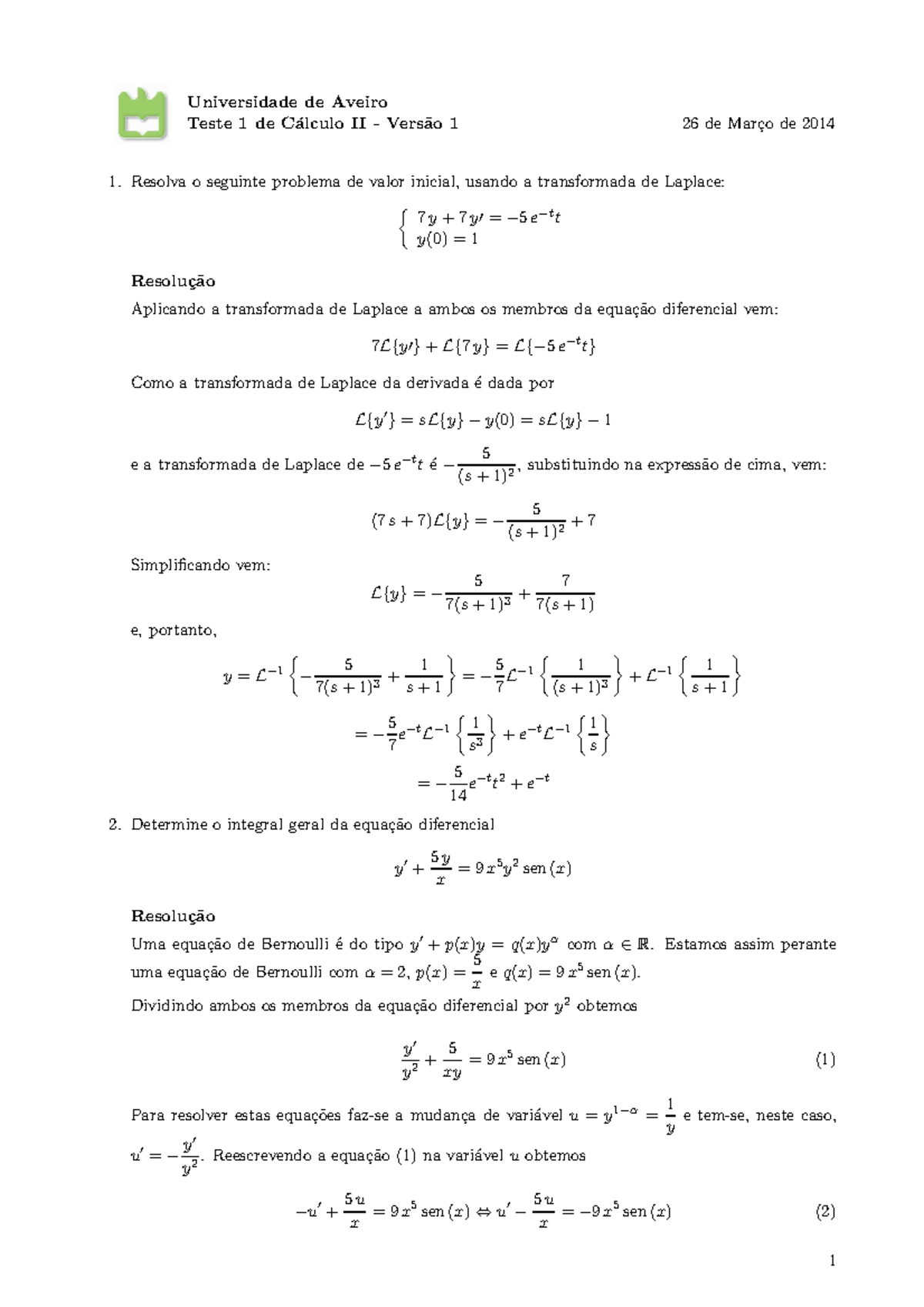 Resoluções Teste 1 2014 Cálculo Ii Universidade De Aveiro Teste 1