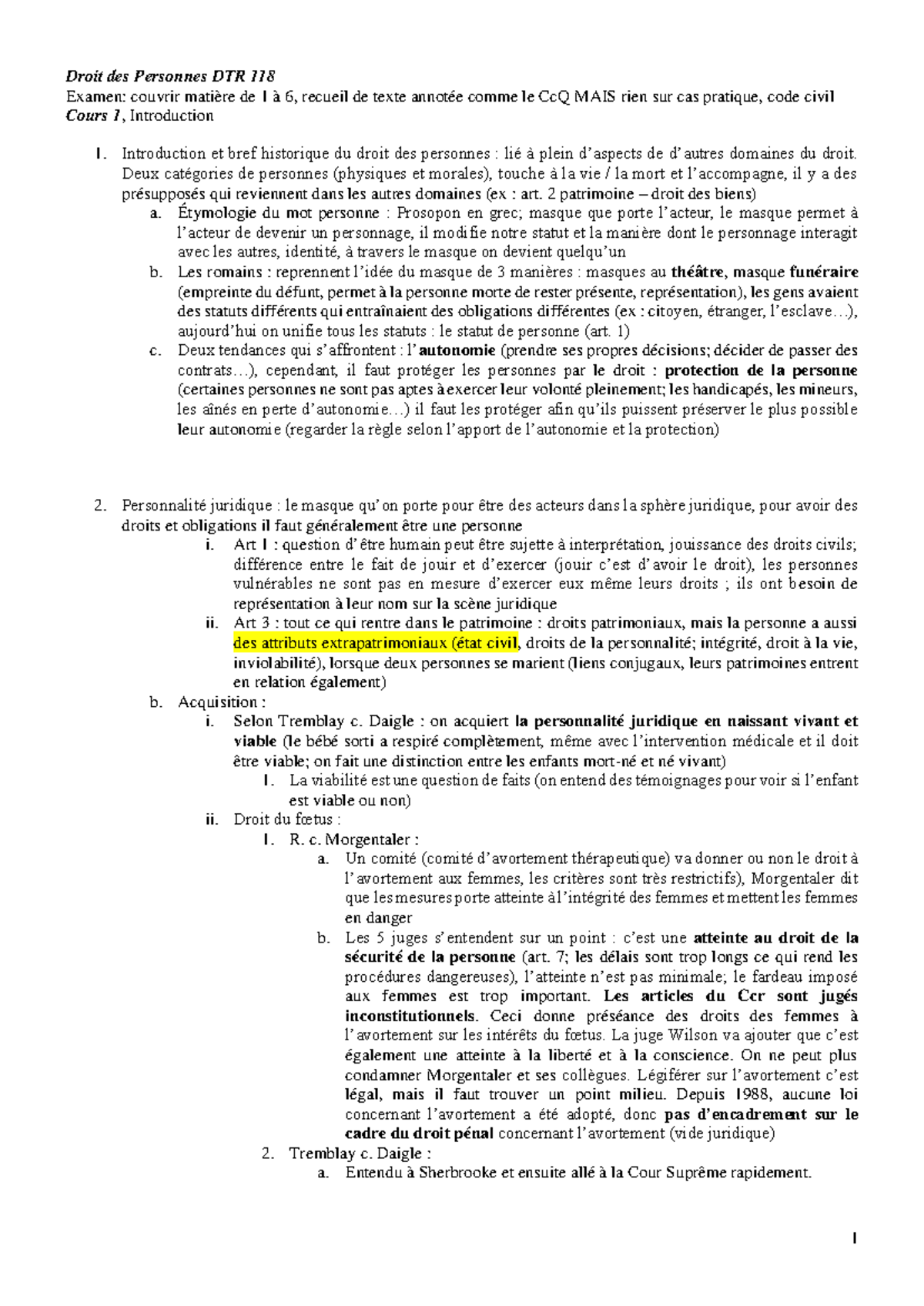 Droit des personnes, notes de cours - Droit des Personnes DTR 118 ...
