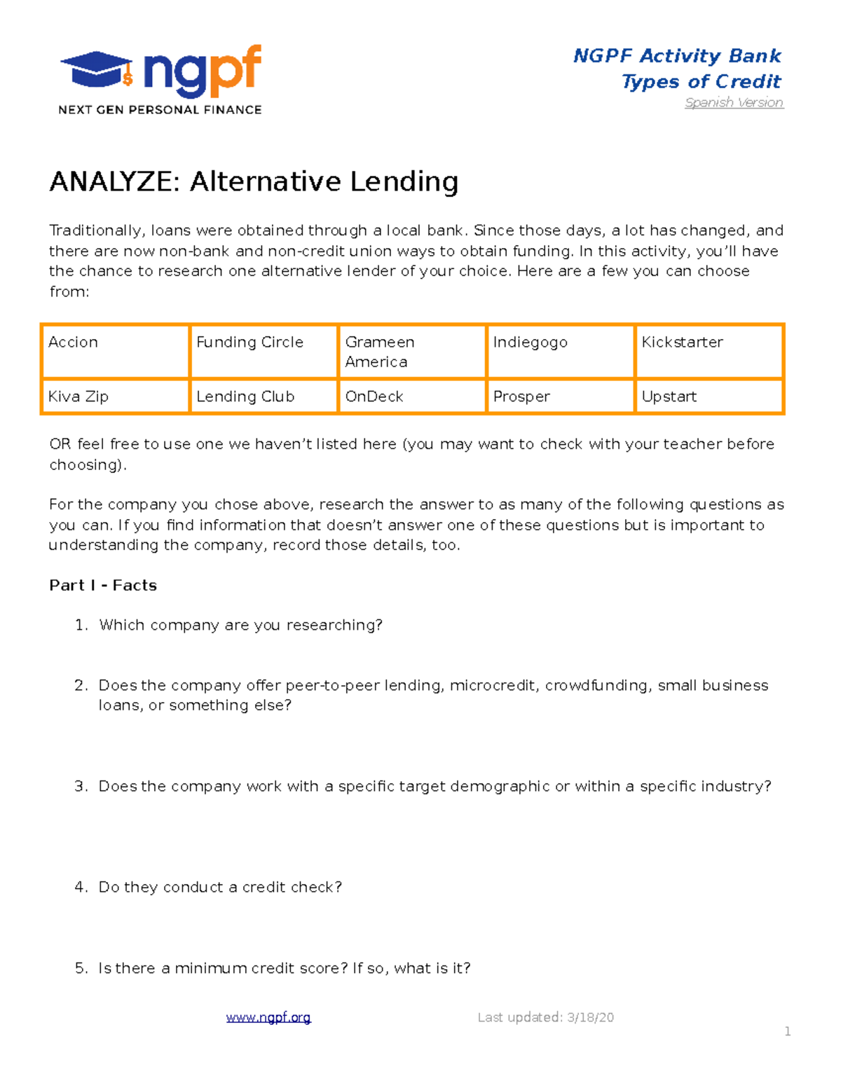 Analyze Alternative Lending - NGPF Activity Bank Types of Credit ...