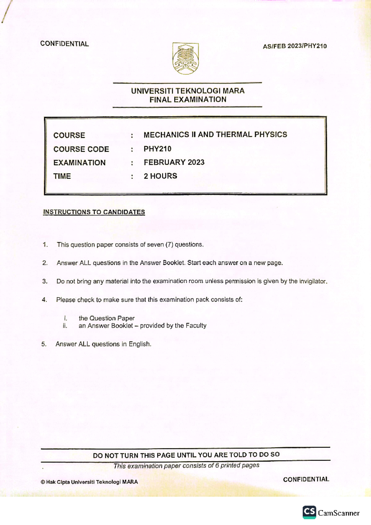 PHY210 Questions Paper FEB 2023 - CONFIDENTIAL UNIVERSITI TEKNOLOGI ...
