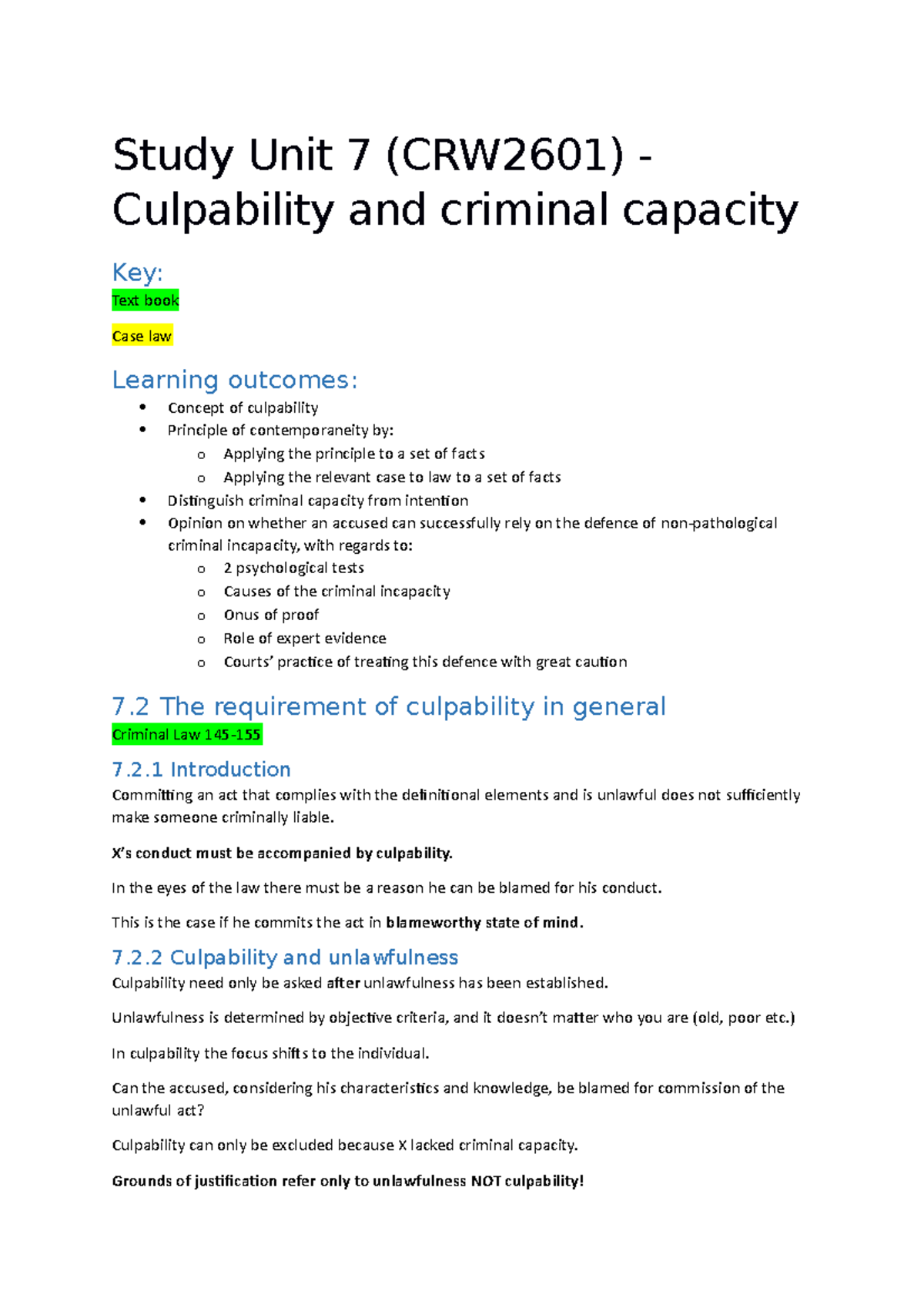 CRW2601 Study Unit 7 Culpability and criminal capacity - Study Unit 7 ...