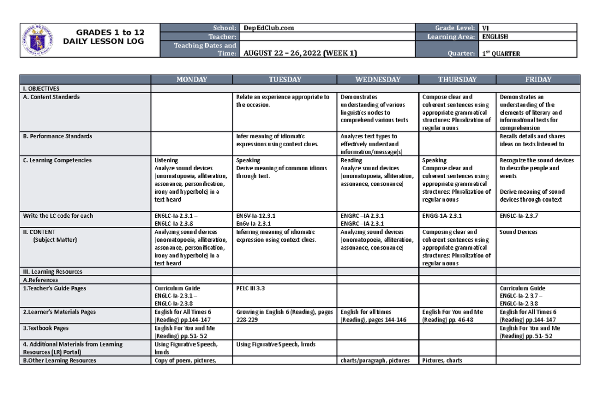 DLL English 6 Q1 W1 - sample dll - GRADES 1 to 12 DAILY LESSON LOG School: DepEdClub Grade Level ...