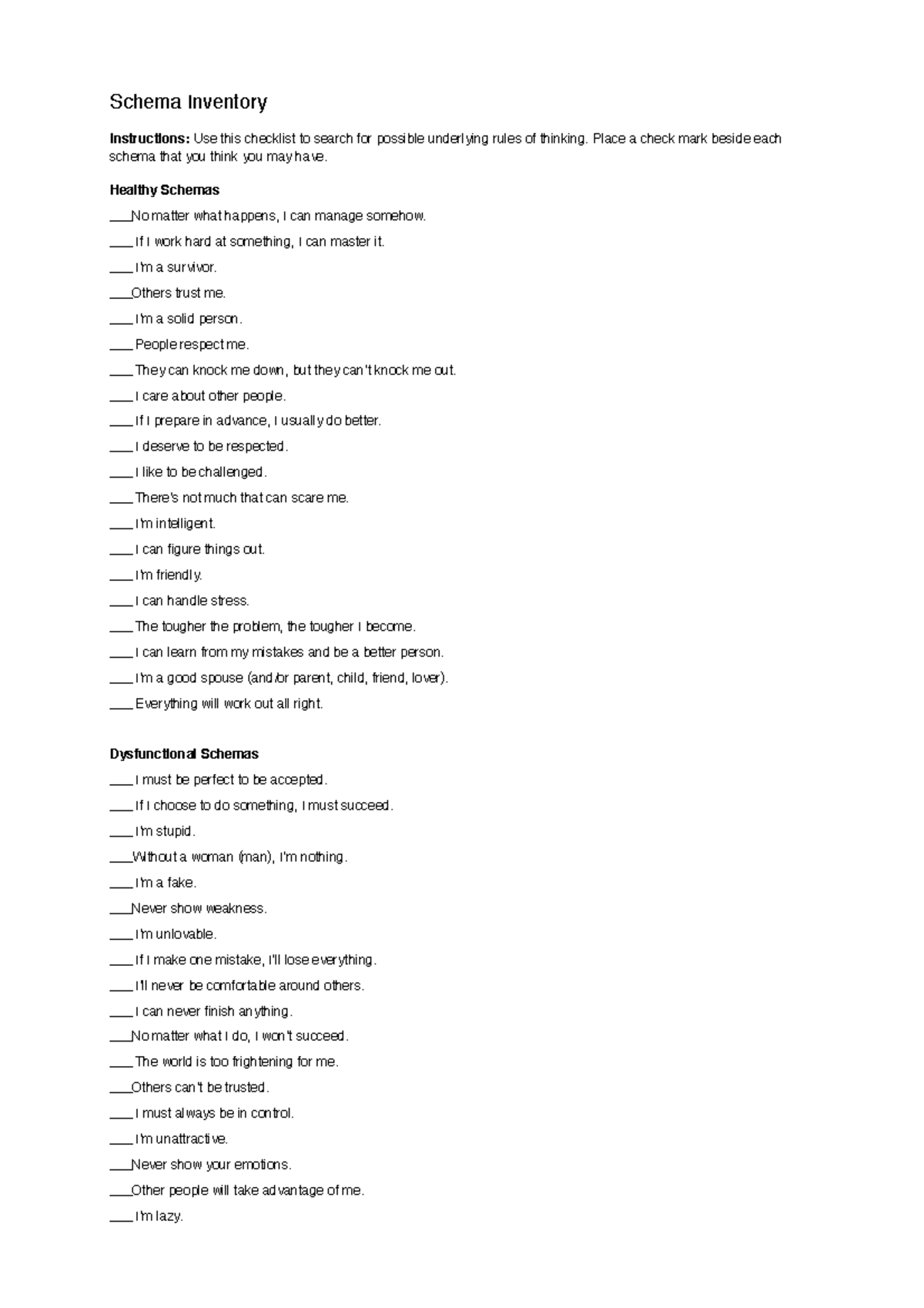 Schema Inventory - for Mini-Therapy - Schema Inventory Instructions ...