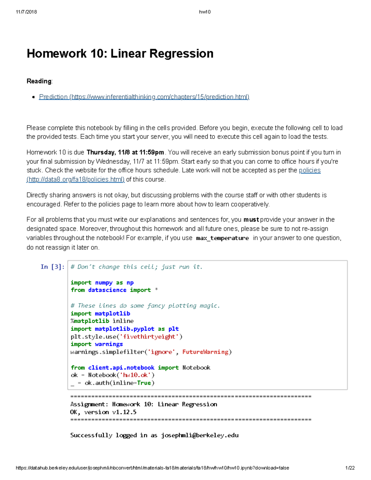 Hw10 final - hw11 - Homework 10: Linear Regression Reading : Prediction ...