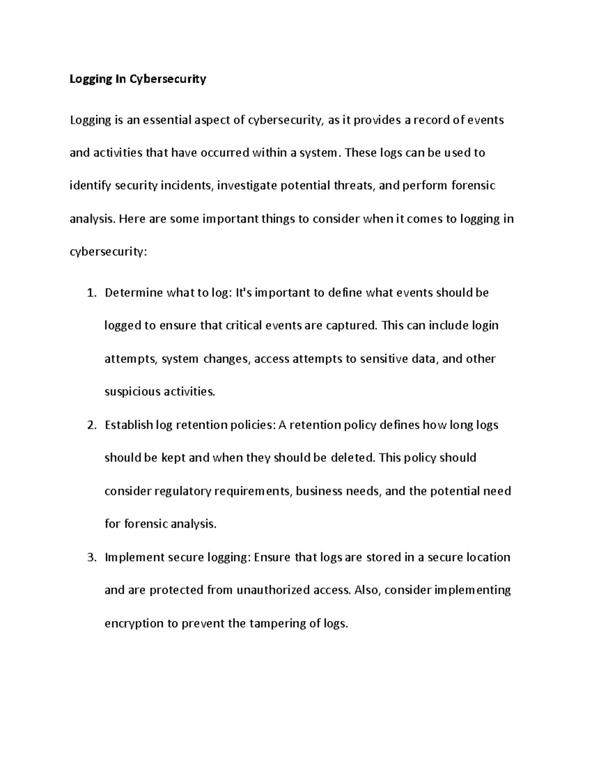 Document 29 - Bob - Logging In Cybersecurity Logging is an essential ...