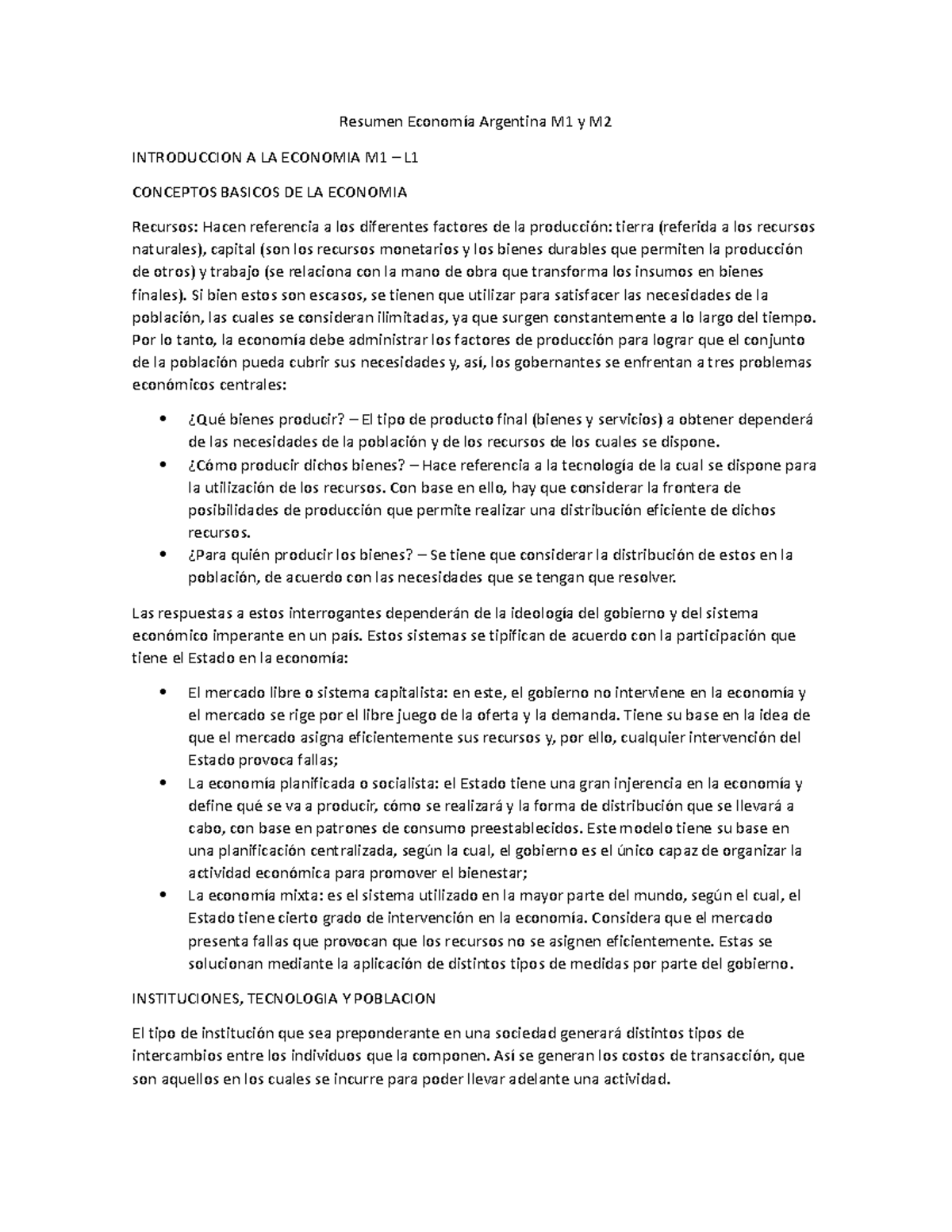 Resumen Economía Argentina M1 y M2 - Resumen Economía Argentina M1 y M INTRODUCCION A LA ...