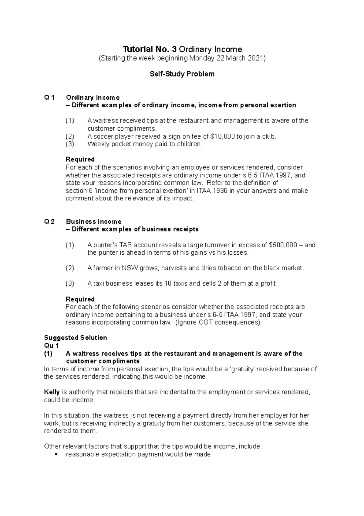 Tutorial No. 3 Ordinary Income Self-Study Problem - Tutorial No. 3 ...