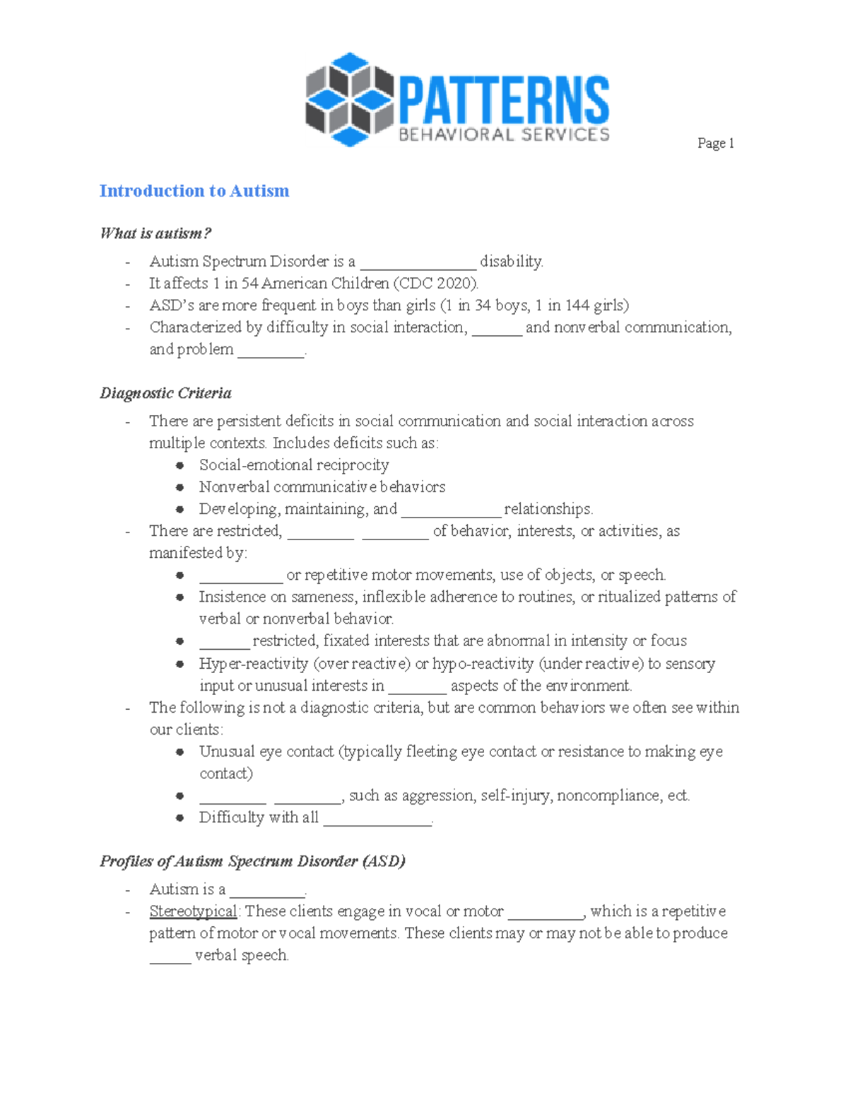 Guided Notes - NHT - Introduction to Autism What is autism? - Autism ...