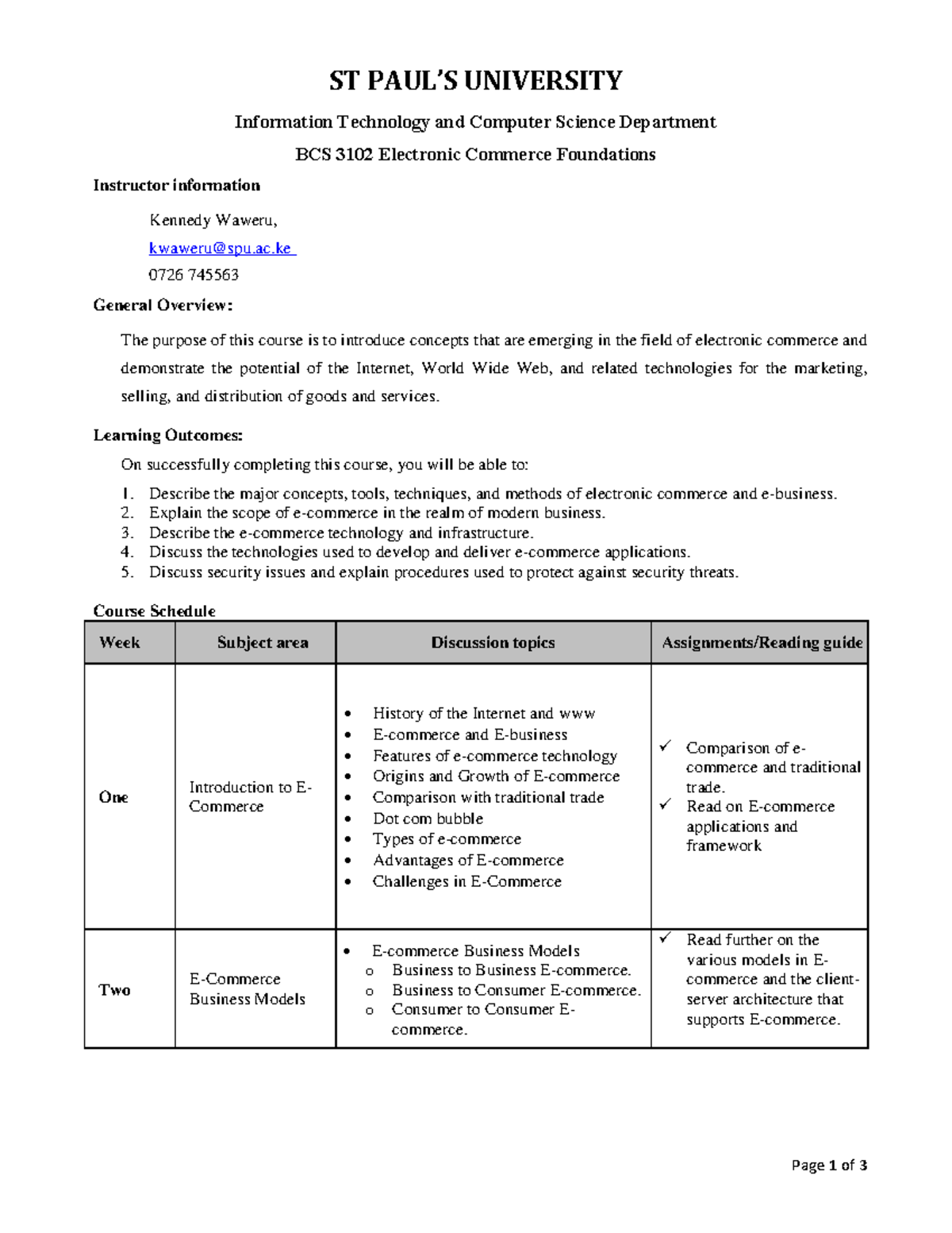 BCS 3102 -Course Outline (September - December 2022) - Page 1 of 3 ST ...