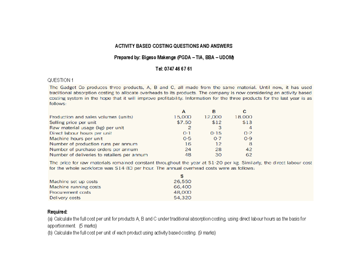 Activity based costing full qa - ACTIVITY BASED COSTING QUESTIONS AND ...