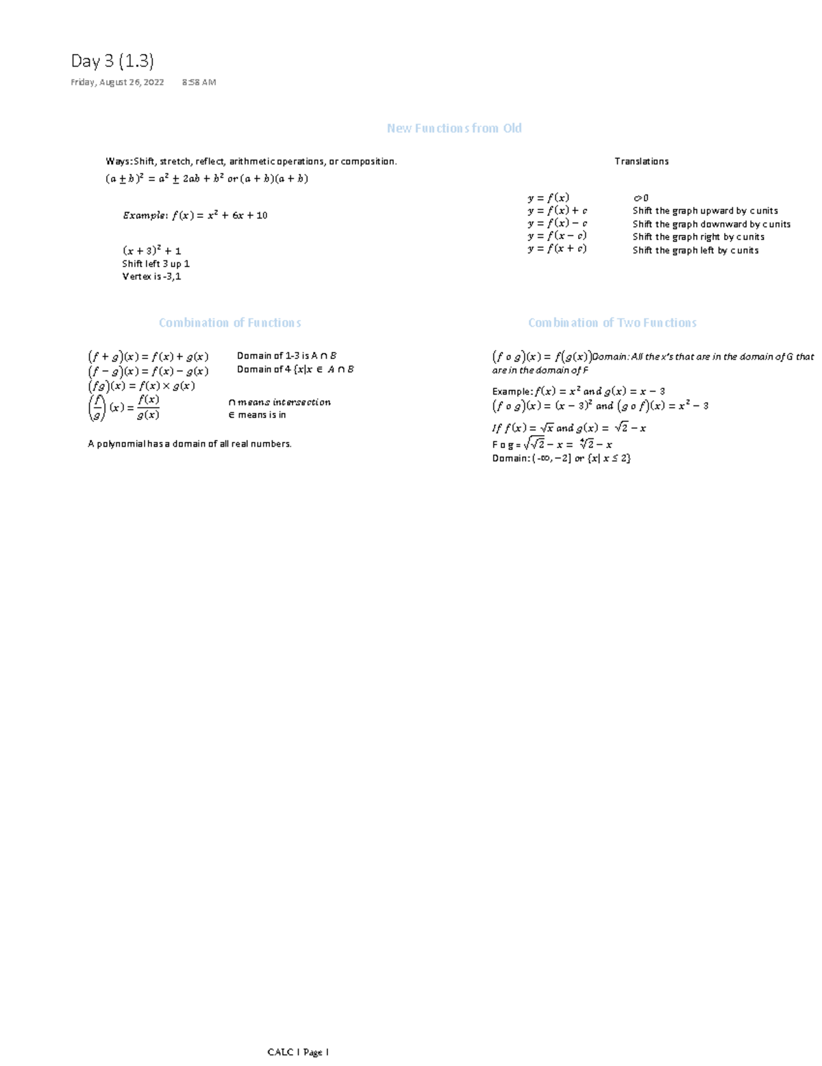 Single Variable Calc 1 1 New Functions From Old Ways Shift Stretch Reflect Arithmetic