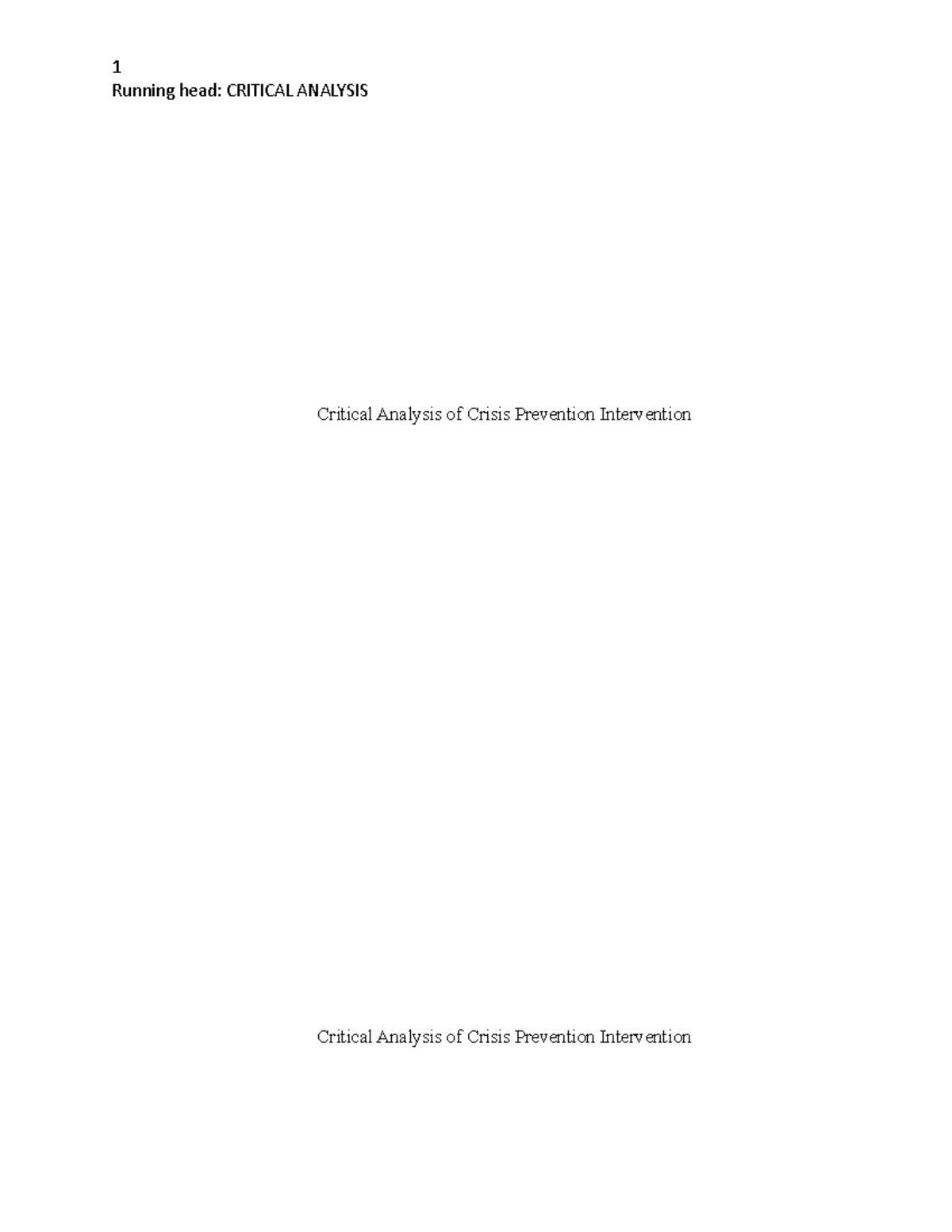 Critical Analysis of Crisis Prevention Intervention (CPI) - Running ...