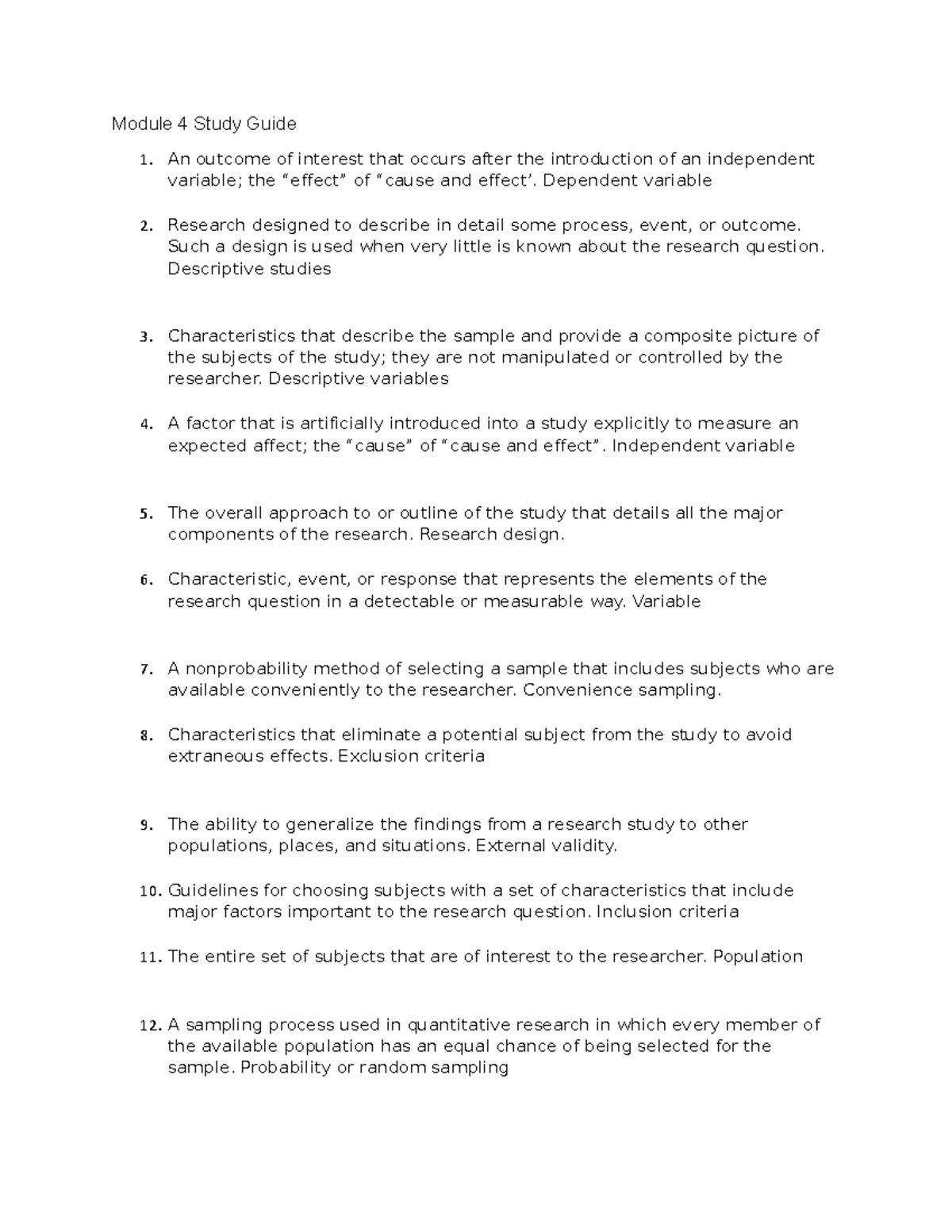 Module 4 Study Guide key - Module 4 Study Guide An outcome of interest ...