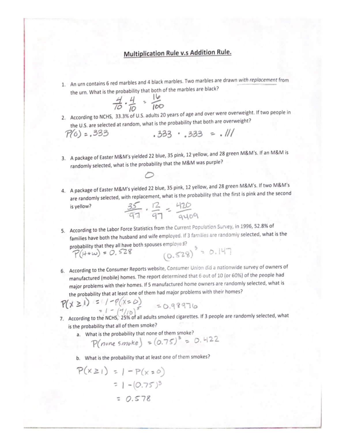 Multiplication And Addition Rule Worksheet - BUS 205 - Studocu