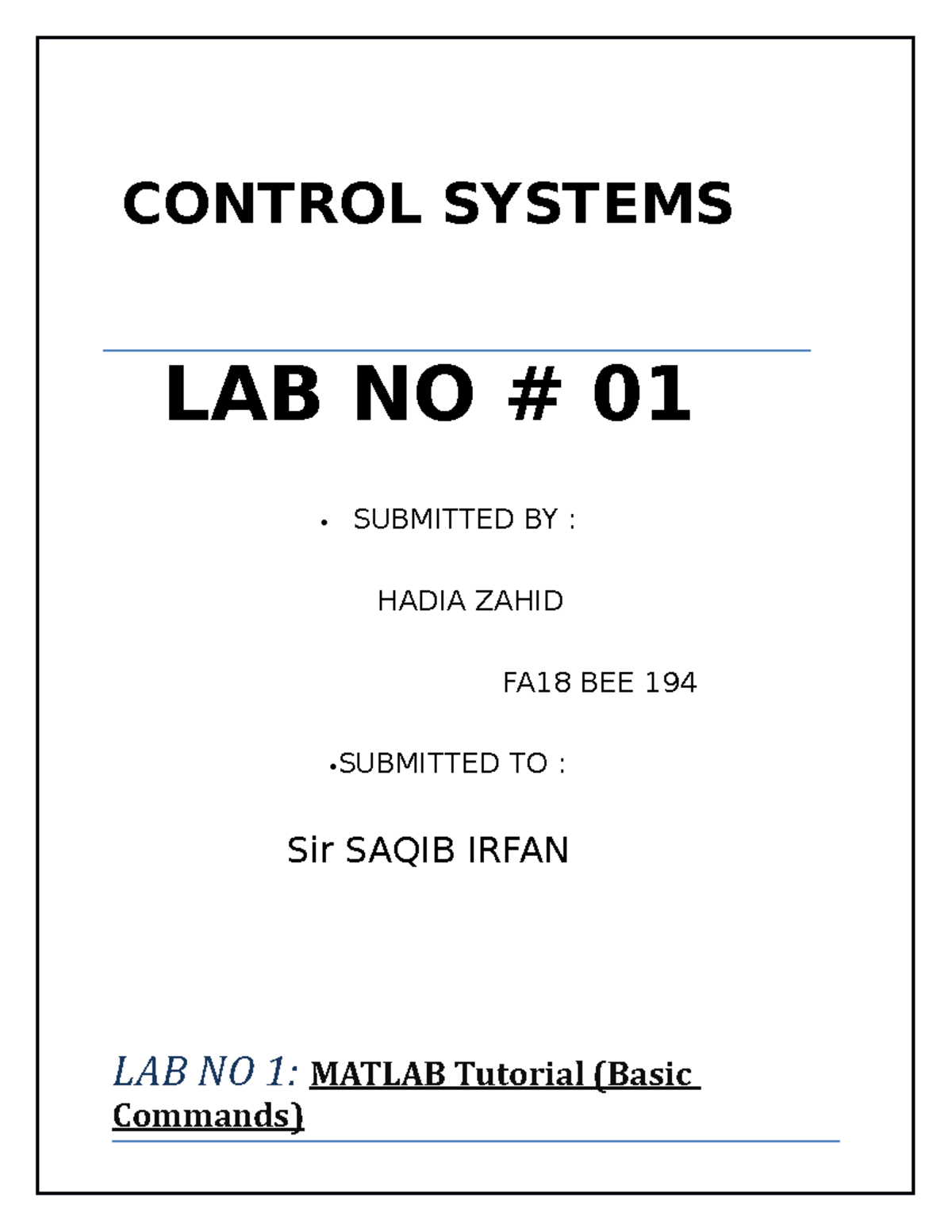 Hadia Control 1 lab (introduction to simulink) - Control Systems - CUI - Studocu