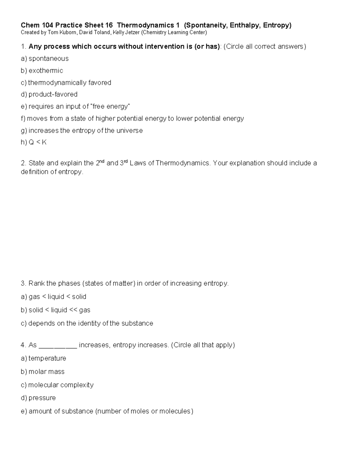 Chem 104 Practice Sheet 16 Thermodynamics 1 - Chem 104 Practice Sheet ...