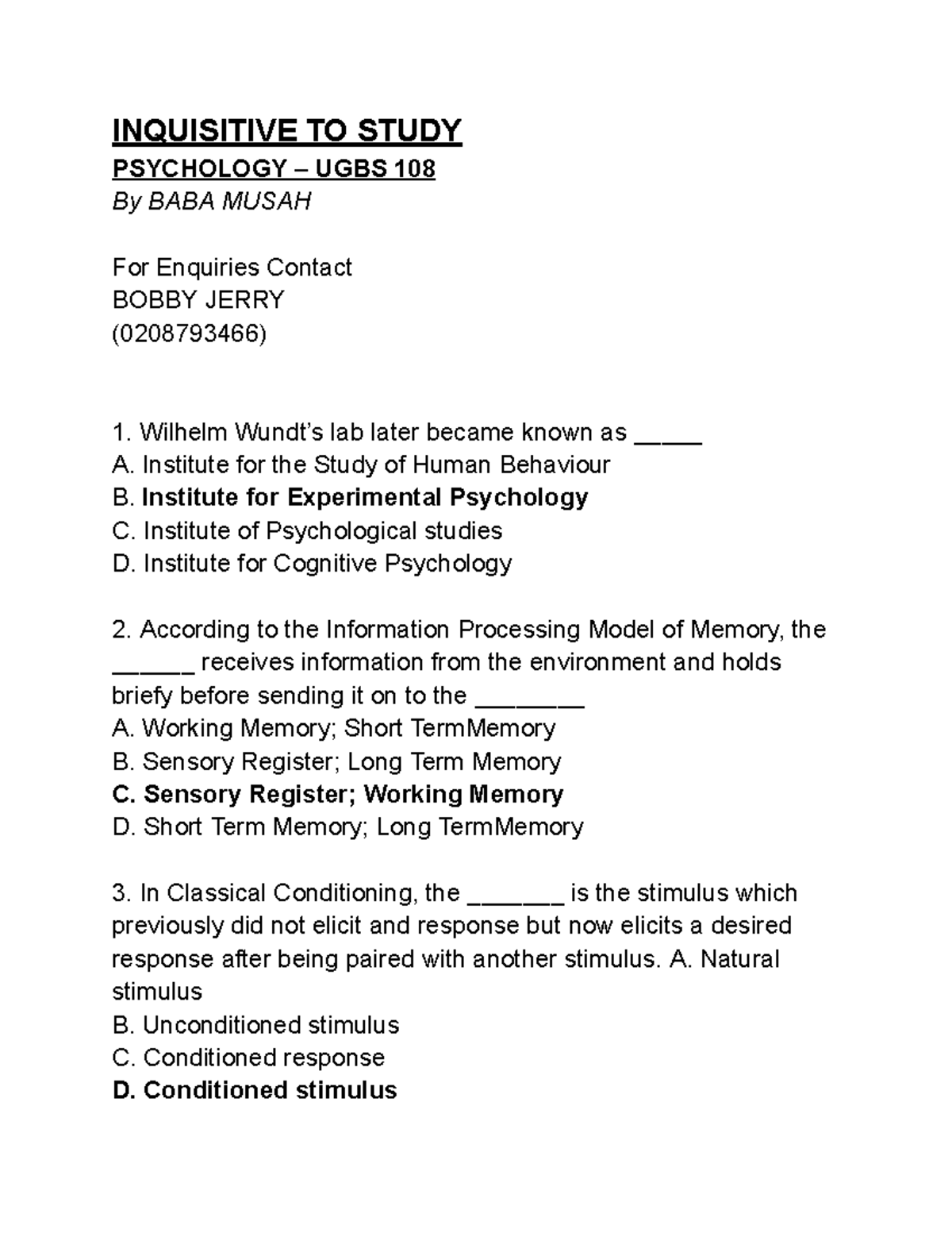 UGBS 108 ITS Question Bank - INQUISITIVE TO STUDY PSYCHOLOGY – UGBS 108 ...