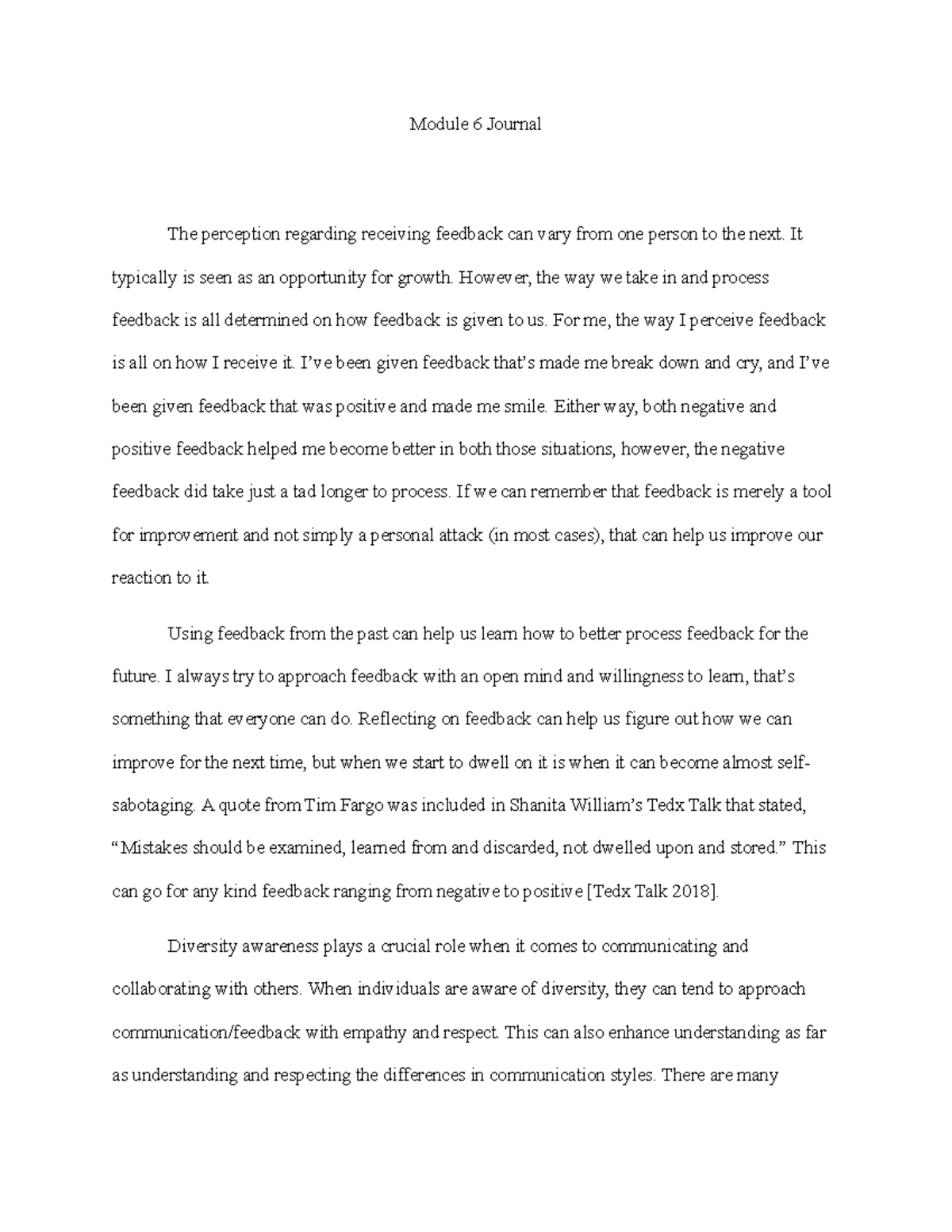 Module 6 Journal - Module 6 Journal The perception regarding receiving ...