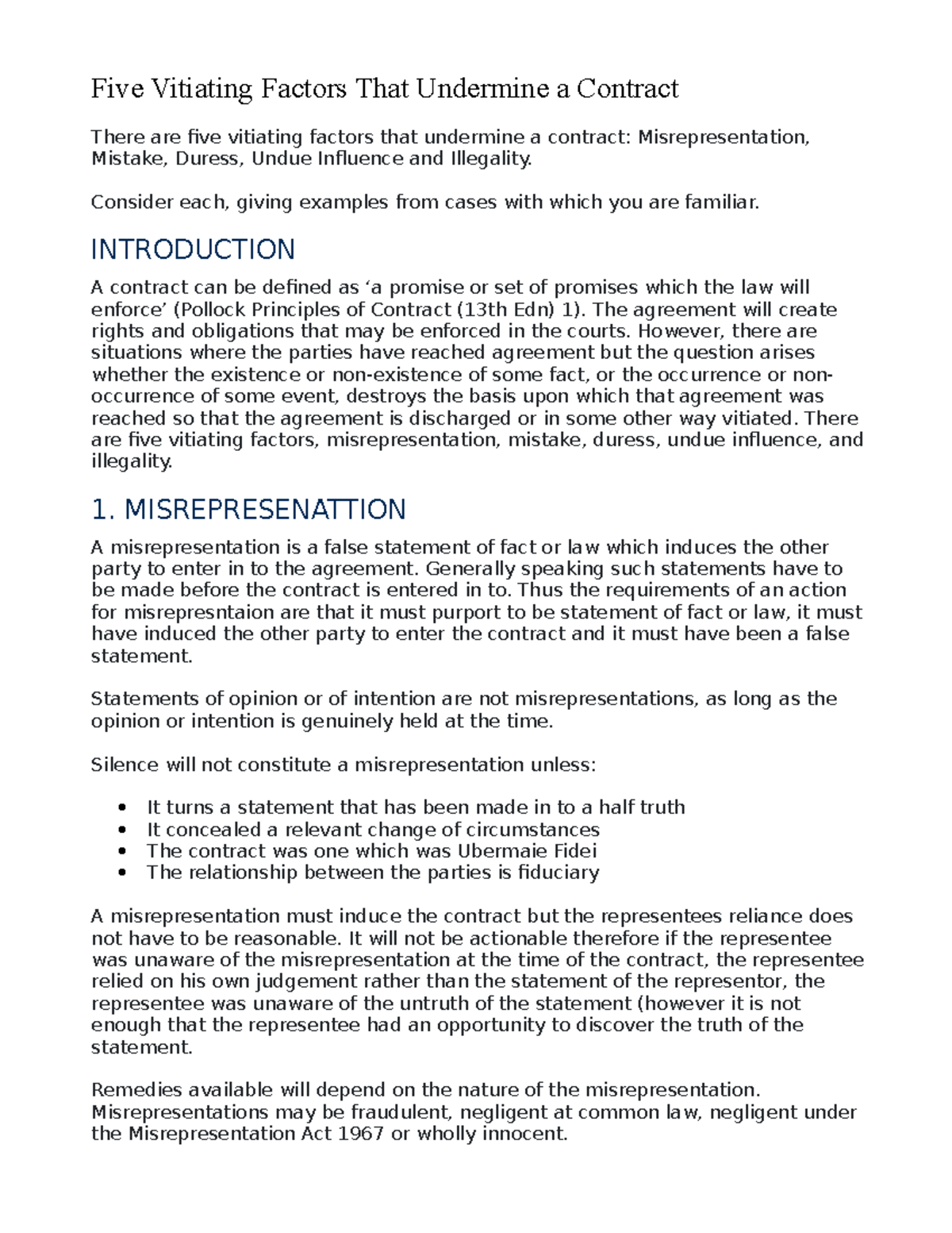 Five Vitiating Factors That Undermine a Contract - Consider each ...